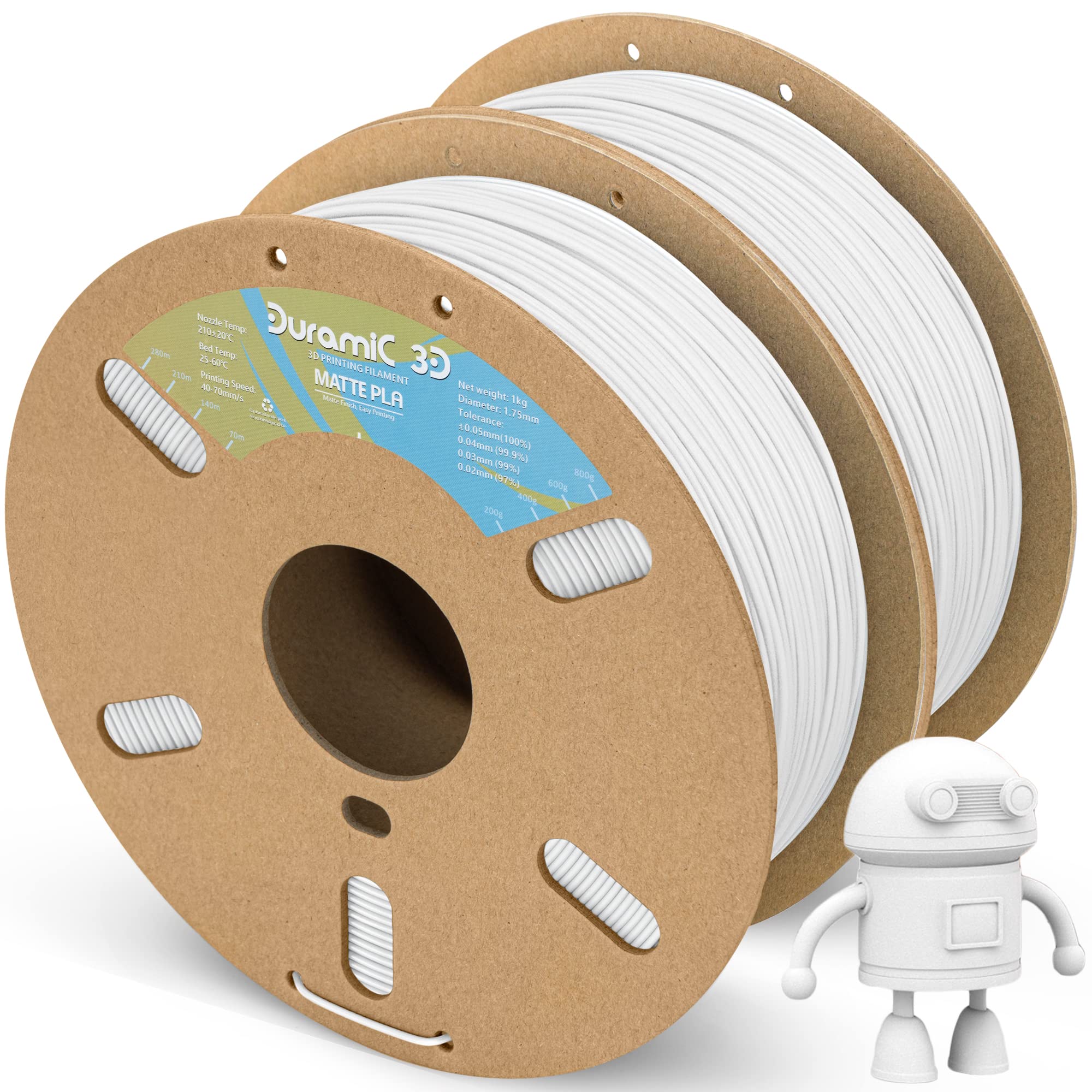 Amazon.com: DURAMIC 3D Matte PLA Filament 1.75mm White 2 Pack, 1kg ...