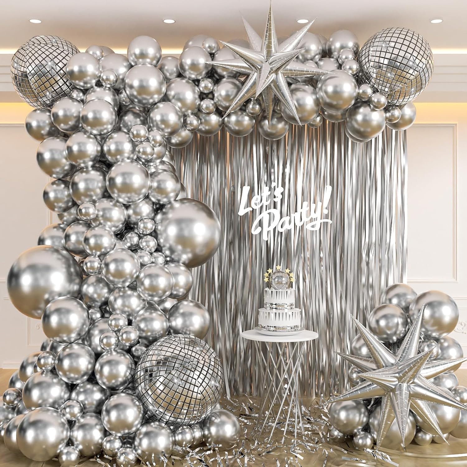 Amazon.com: Disco Balloon Arch Garland Kit, Metallic Silver Balloon ...