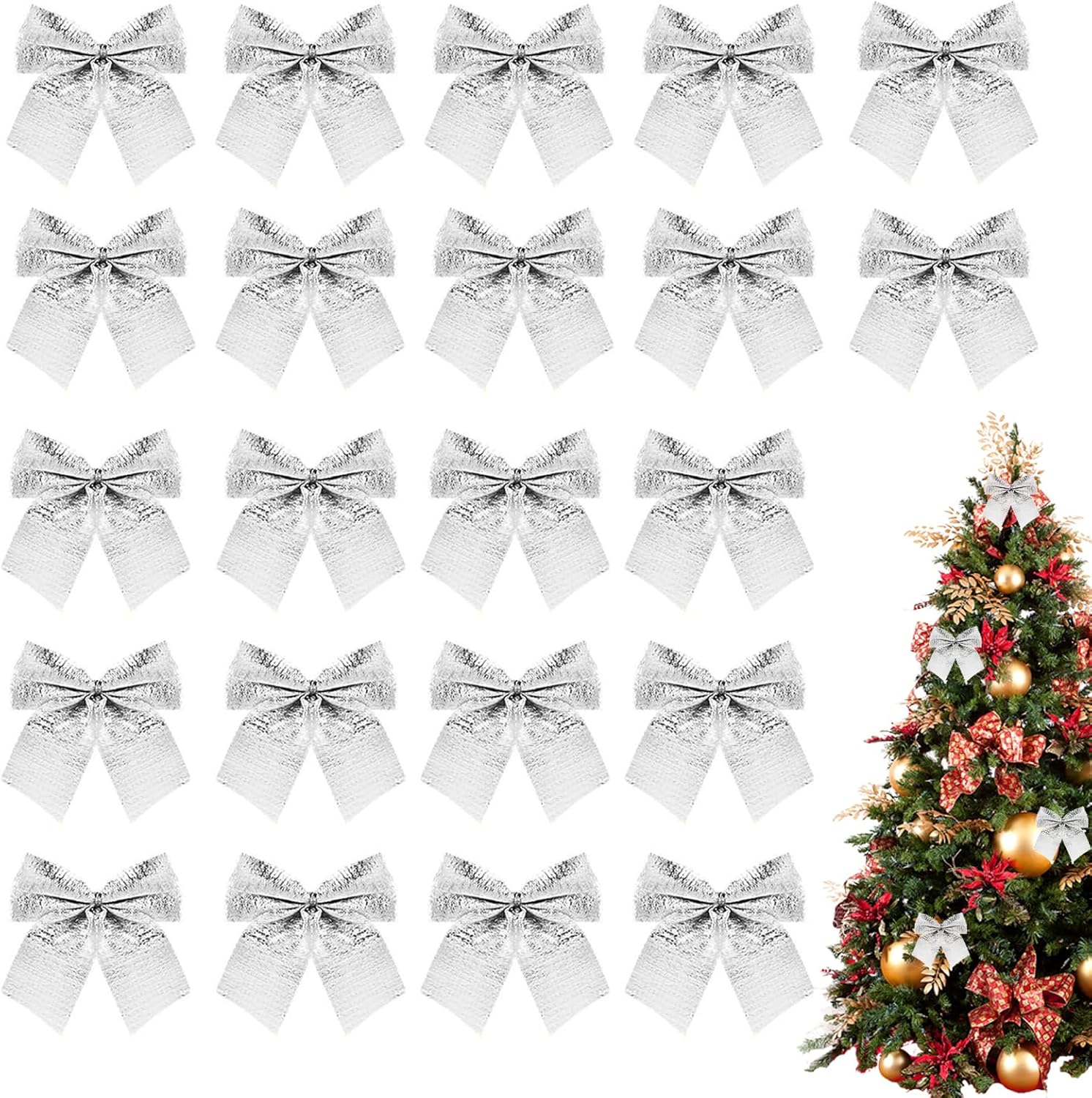 24 Pieces Silver Christmas Bows Ribbon Bows Glitter Bowknot Decorations ...