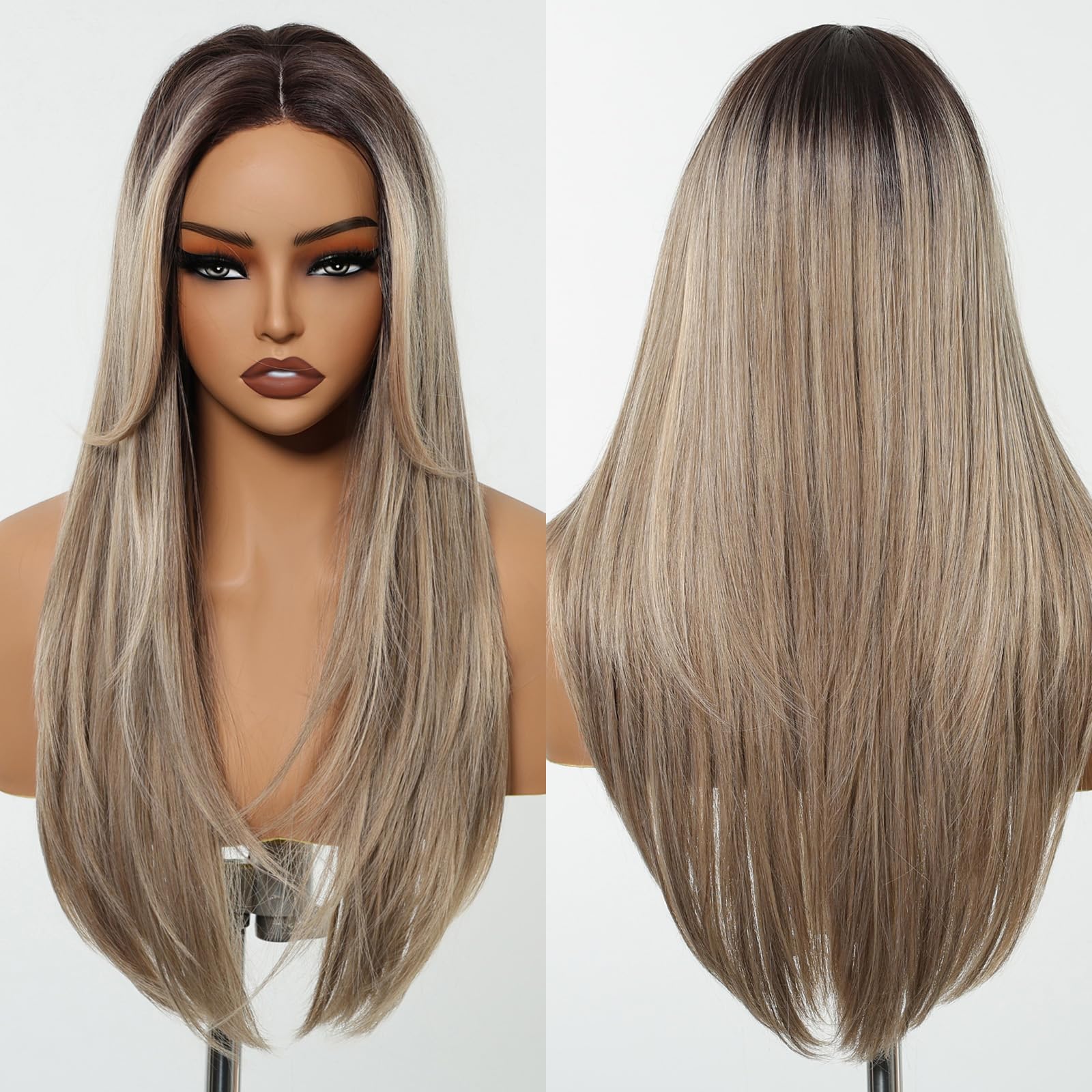 Amazon.com : DWY Long Wavy Ombre Dark Blonde Wig for Women Forehead ...