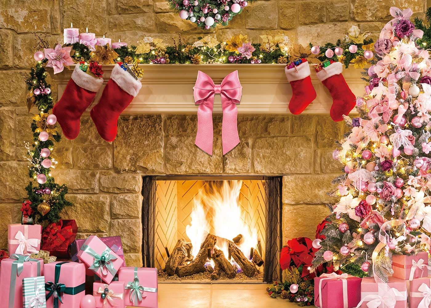 Amazon.com : Pink Christmas Fireplace Backdrop Pink Christmas Tree Gift ...