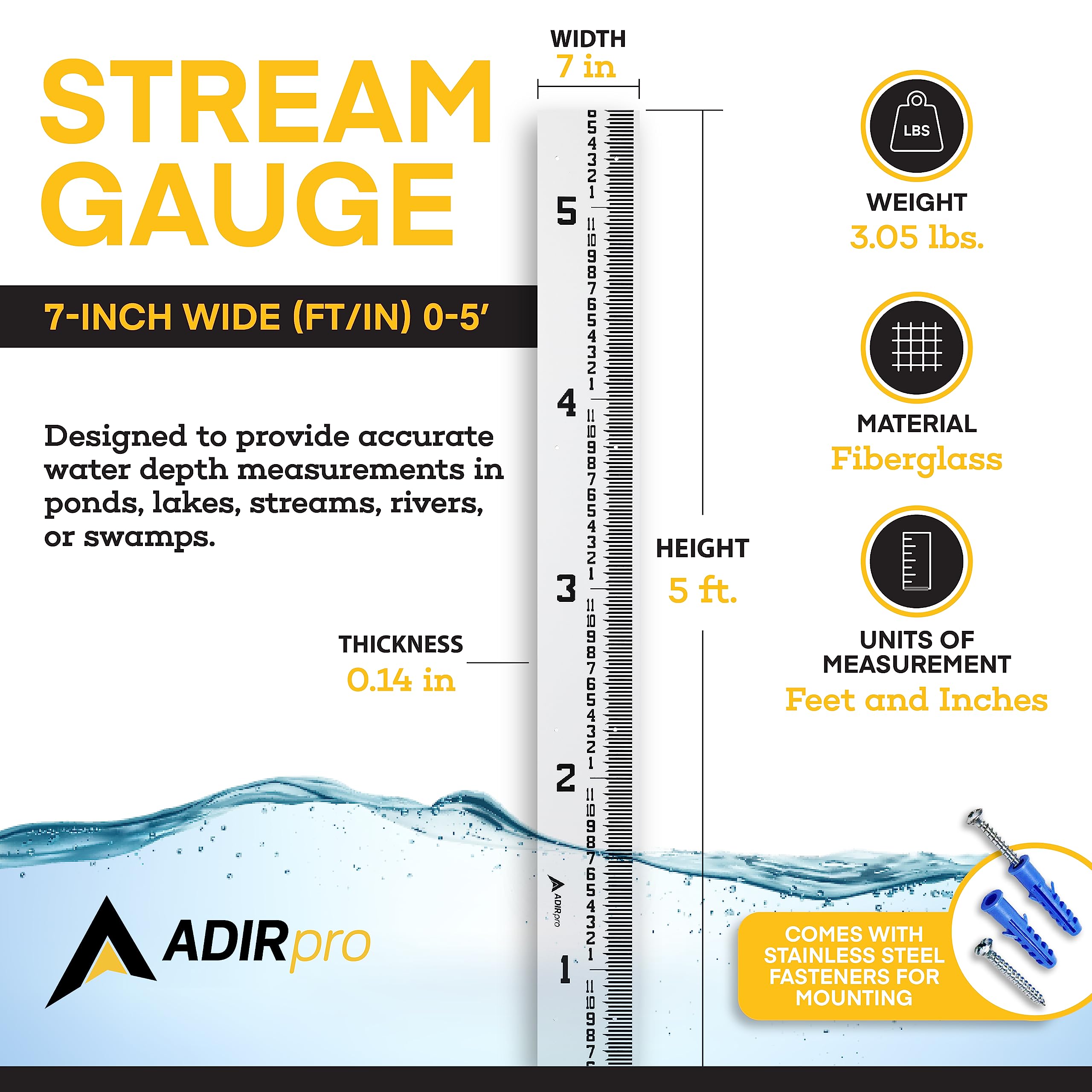 Snapklik.com : AdirPro 7" Wide Stream Gauge - Heavy Duty Staff Gauge ...