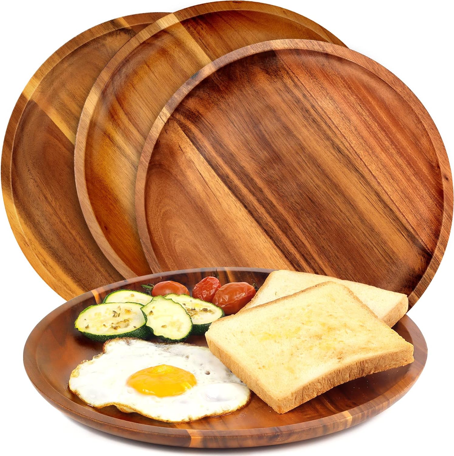 Amazon.com | Samhita Acacia Wood Round Wood Plates Set of 4, Easy ...
