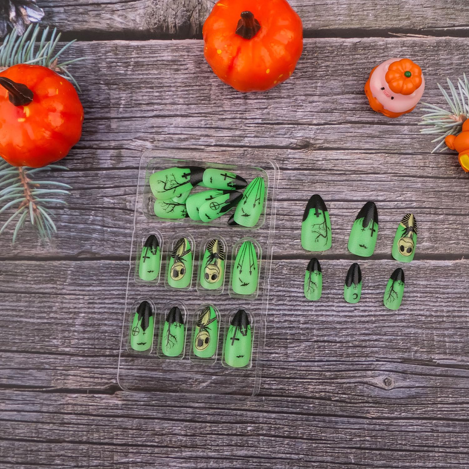 Medium Almond Halloween Press on Nails Luminous Green Fake Nails Black ...