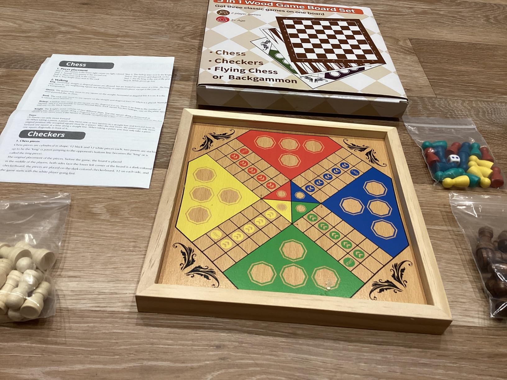 OOCOME 3 in 1 Chess Checkers Flight Chess Set, Wooden Game Board with ...