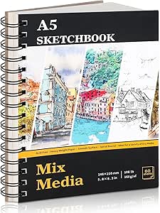 A5 Sketch Book, Mixed Media Sketchbook 60 Sheets / 120 Pages, 160GSM, Spiral Artist Sketch Pad ...
