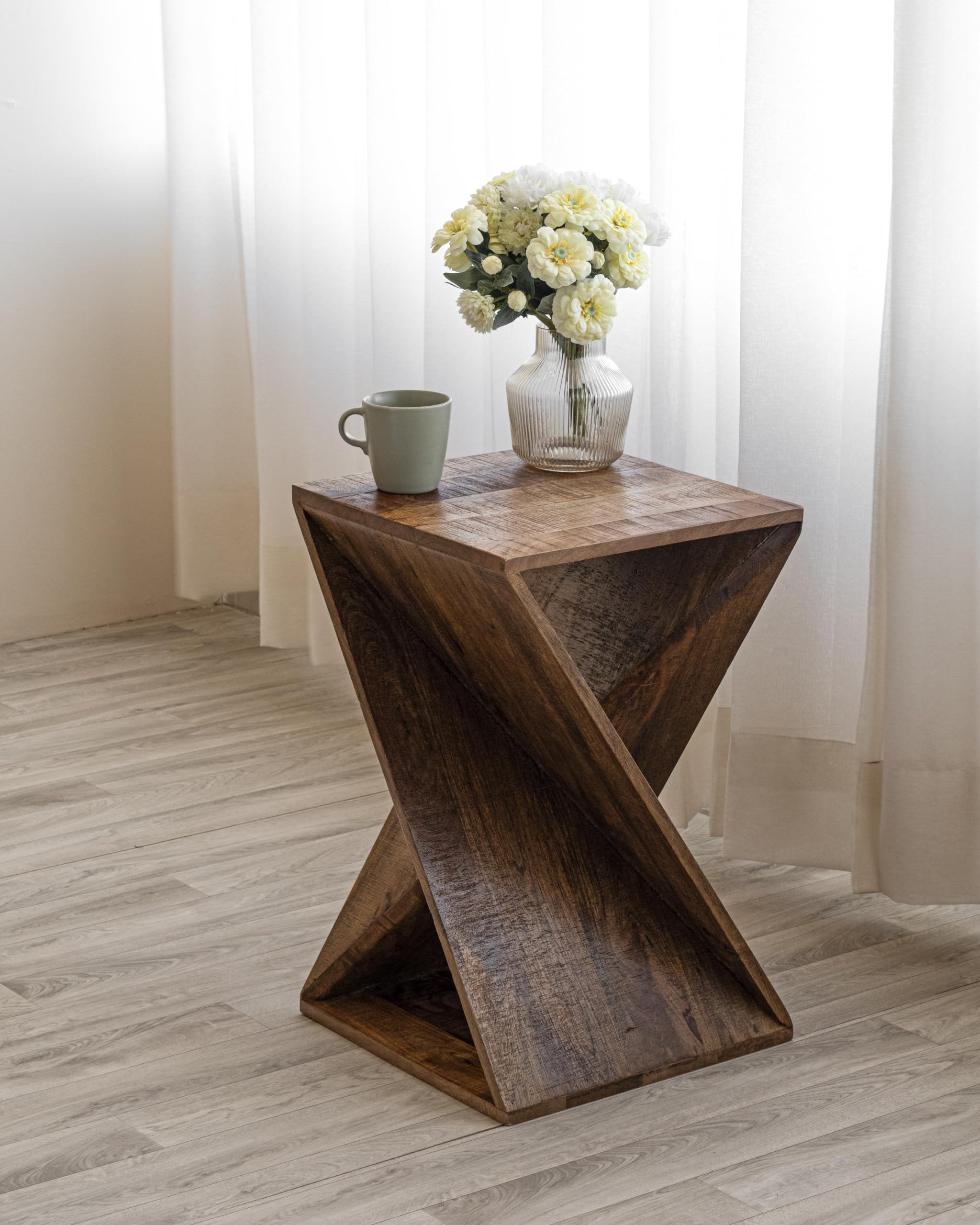 Modern Hand Made One-of-a-Kind Carved Mango Wood End Table, Farmhouse ...