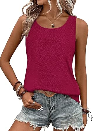 KIRUNDO Women Tank Top Cute Blush Pink Eyelet Crew Neck Tank Tops ...