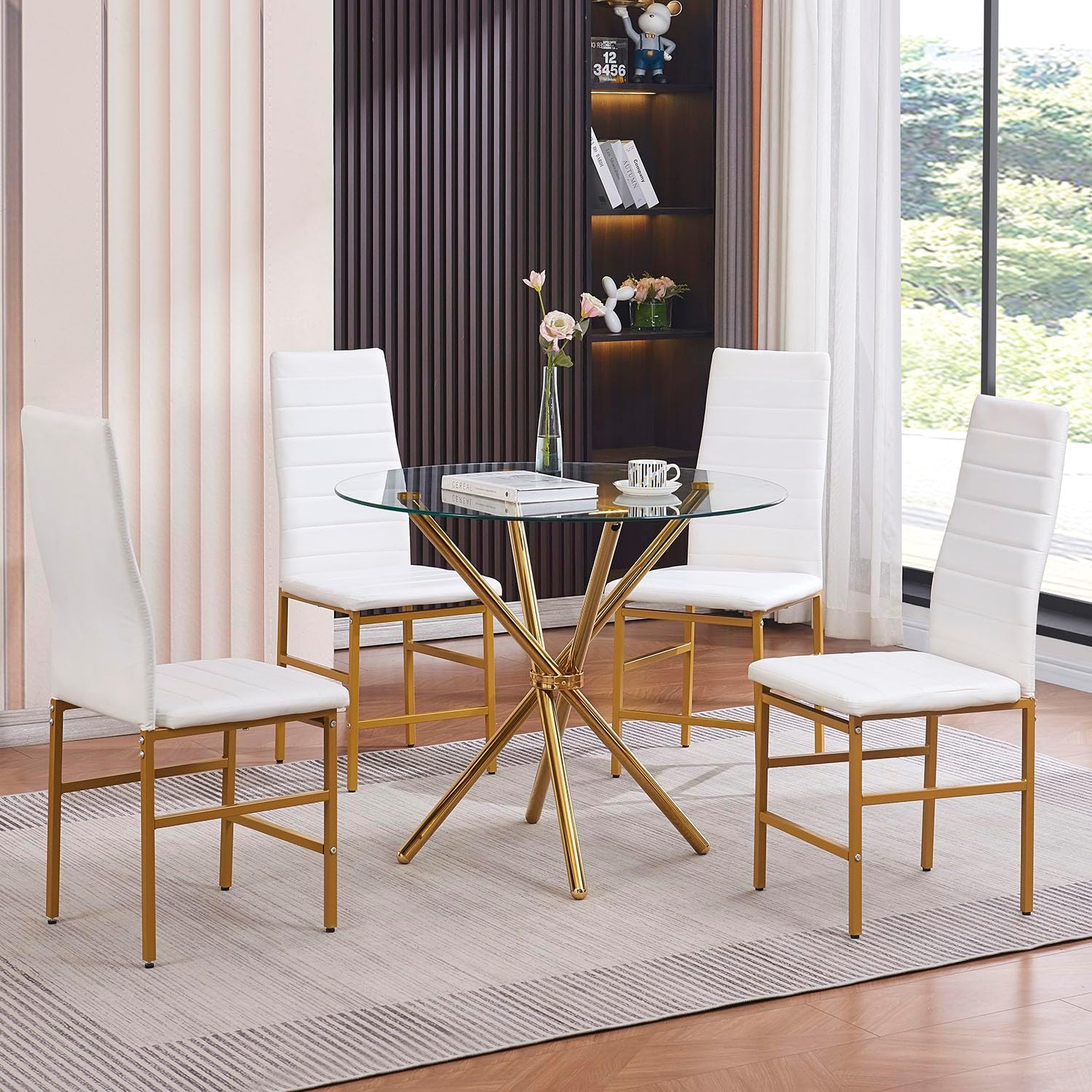 poutoujor 5-Piece Gold Dining Table Chair Set - Modern Glass Round ...