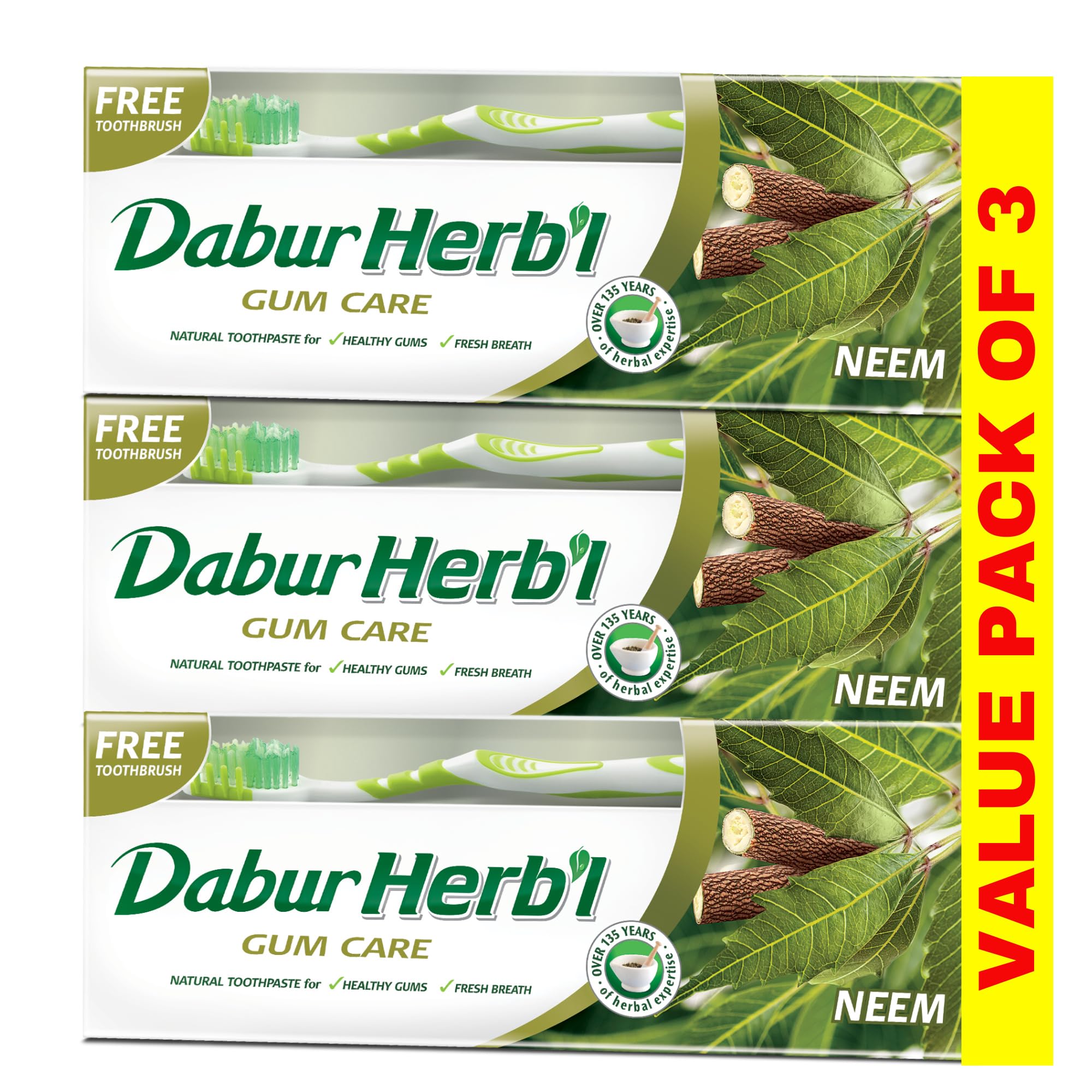 Dabur Herbal Neem Toothpaste 150g + Toothbrush (Pack of 3) | Enriched ...