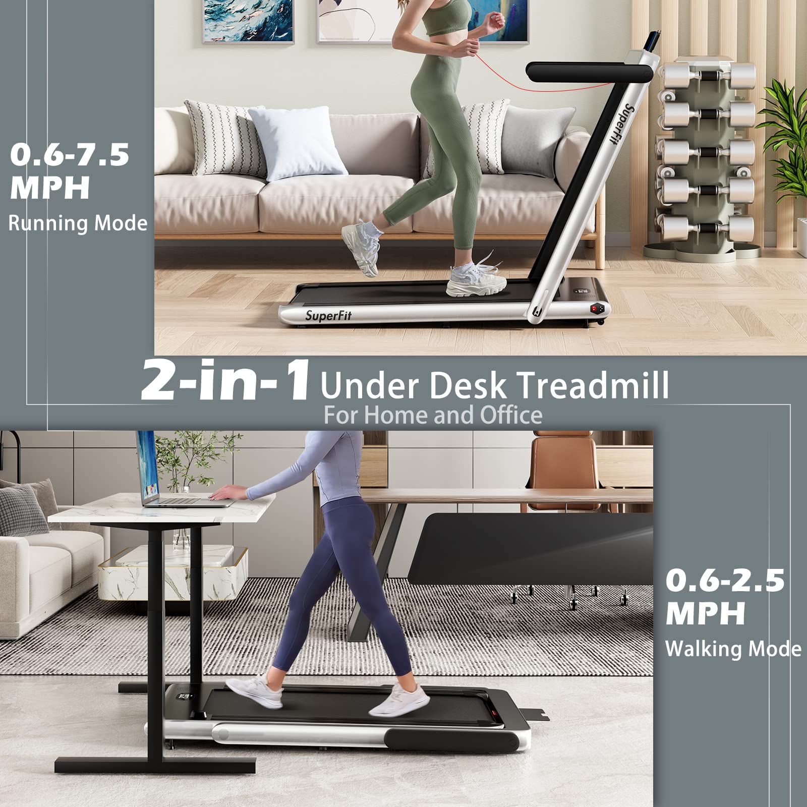 Goplus 2 in 1 Under Desk Treadmill, 2.5HP Superfit Folding Treadmills ...