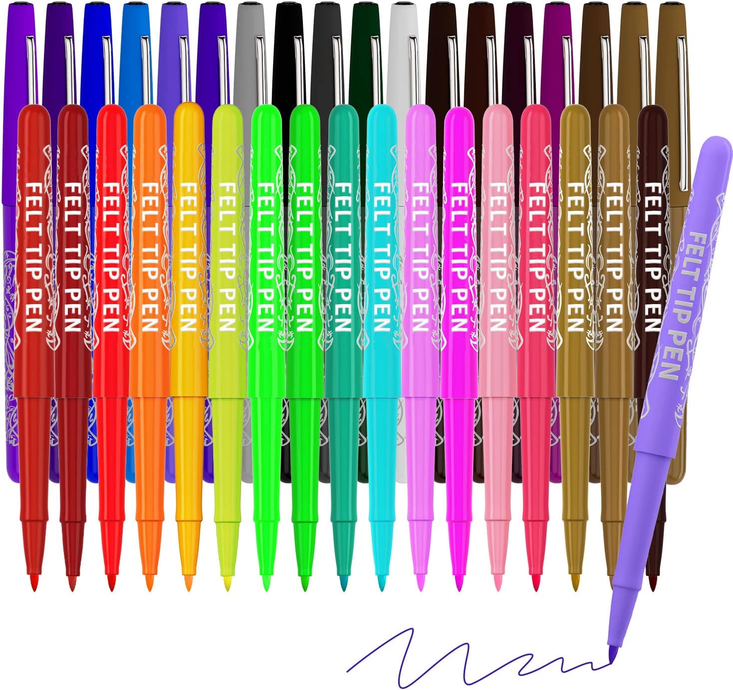 Amazon.com : Felt Tip Pens, 24 Colored Fine Point Felt Pen with Fiber ...
