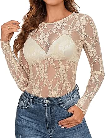 A AGROSTE Women's Mesh Long Sleeve Top Sexy See Through Lace Blouse with Floral Embroidery Y2K ...