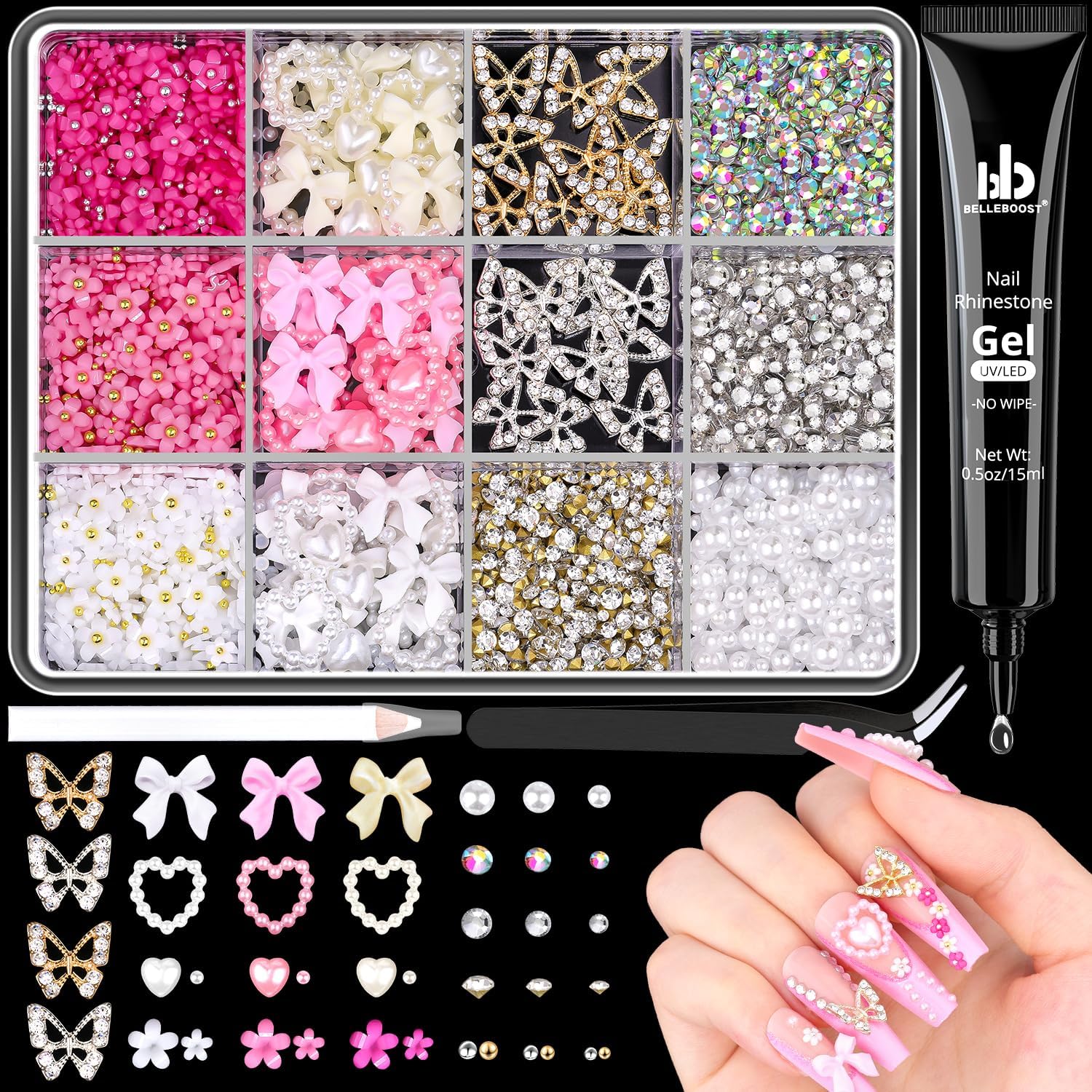 Amazon.com: Multi Shapes 3D Glass AB Crystal Nail Art Rhinestones Kit ...