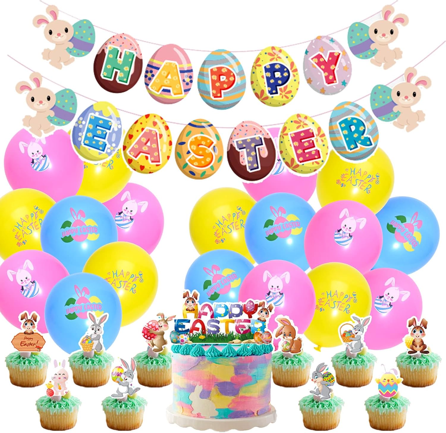 Amazon.com: Happy Easter Banner, 1 Easter Theme Banners & 25 PCS Cake ...