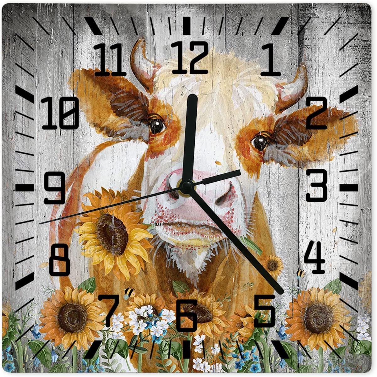 Amazon.com: Wall Clock Farmhouse Sunflower Cow Battery Operated Clocks ...