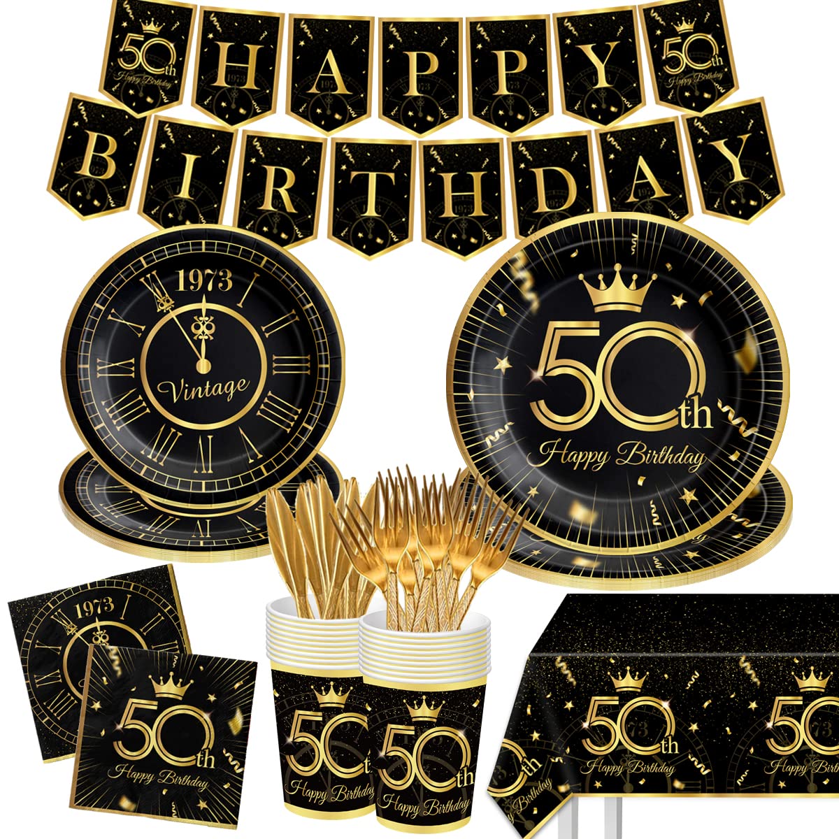 Vintage 50th Birthday Party Decorations-142Pcs Black Gold 50th Happy ...