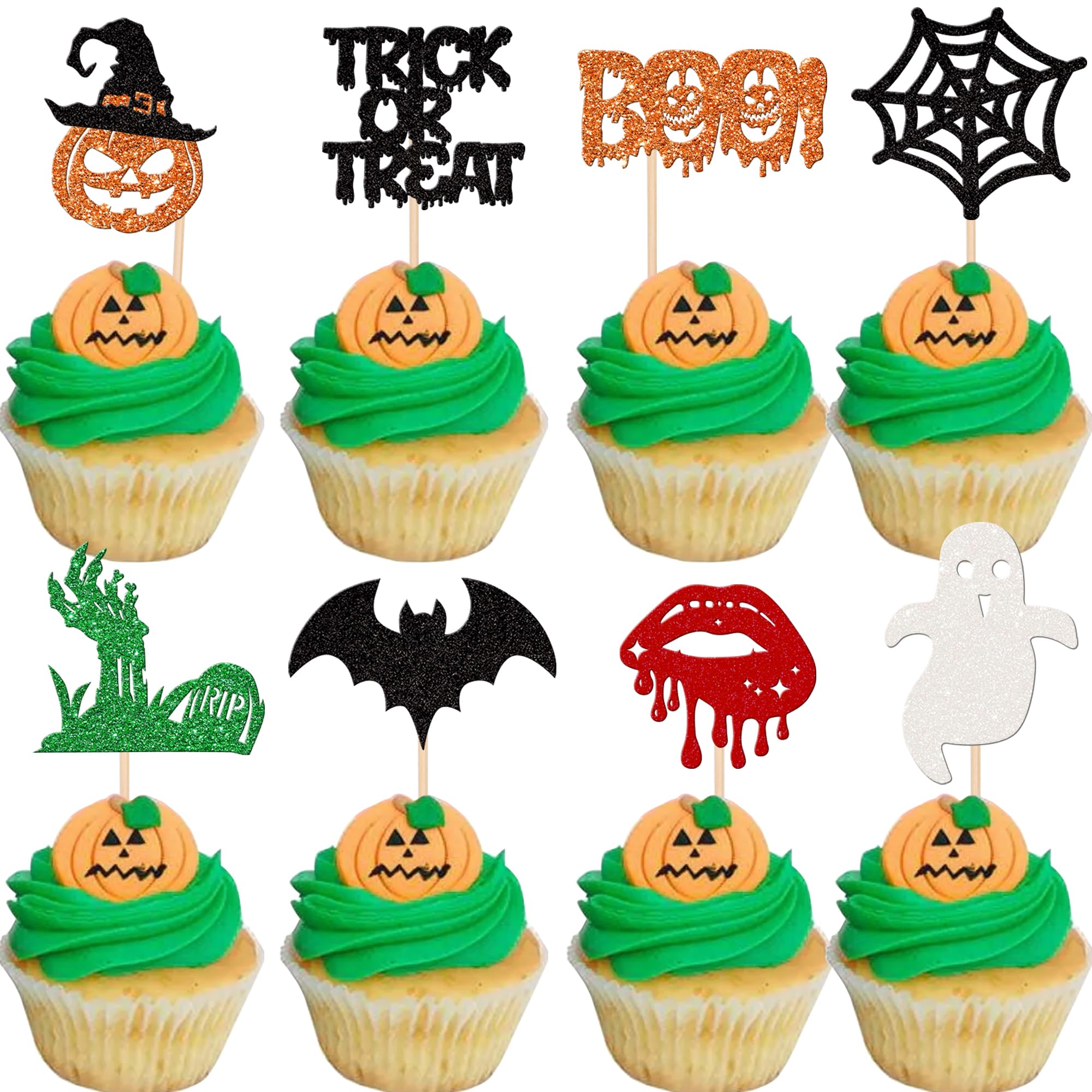 Snapklik.com : 32 PCS Halloween Cupcake Toppers Glitter Trick Or Treat ...