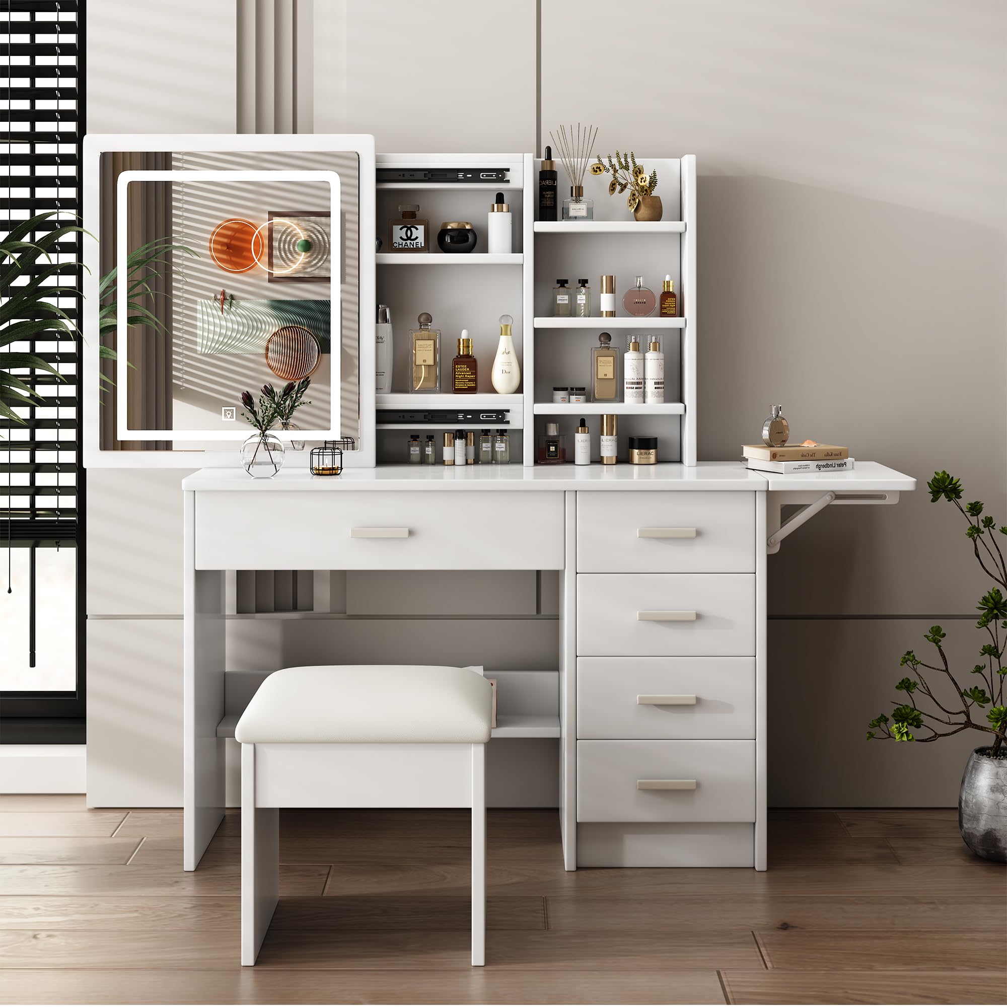 Amazon.com: 43inch Vanity Makeup with Fold-Up Panel,Makeup Table with 3 ...