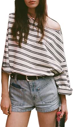 Lumister Shirts for Womens Stripped Crew Neck Oversized Long Drop ...