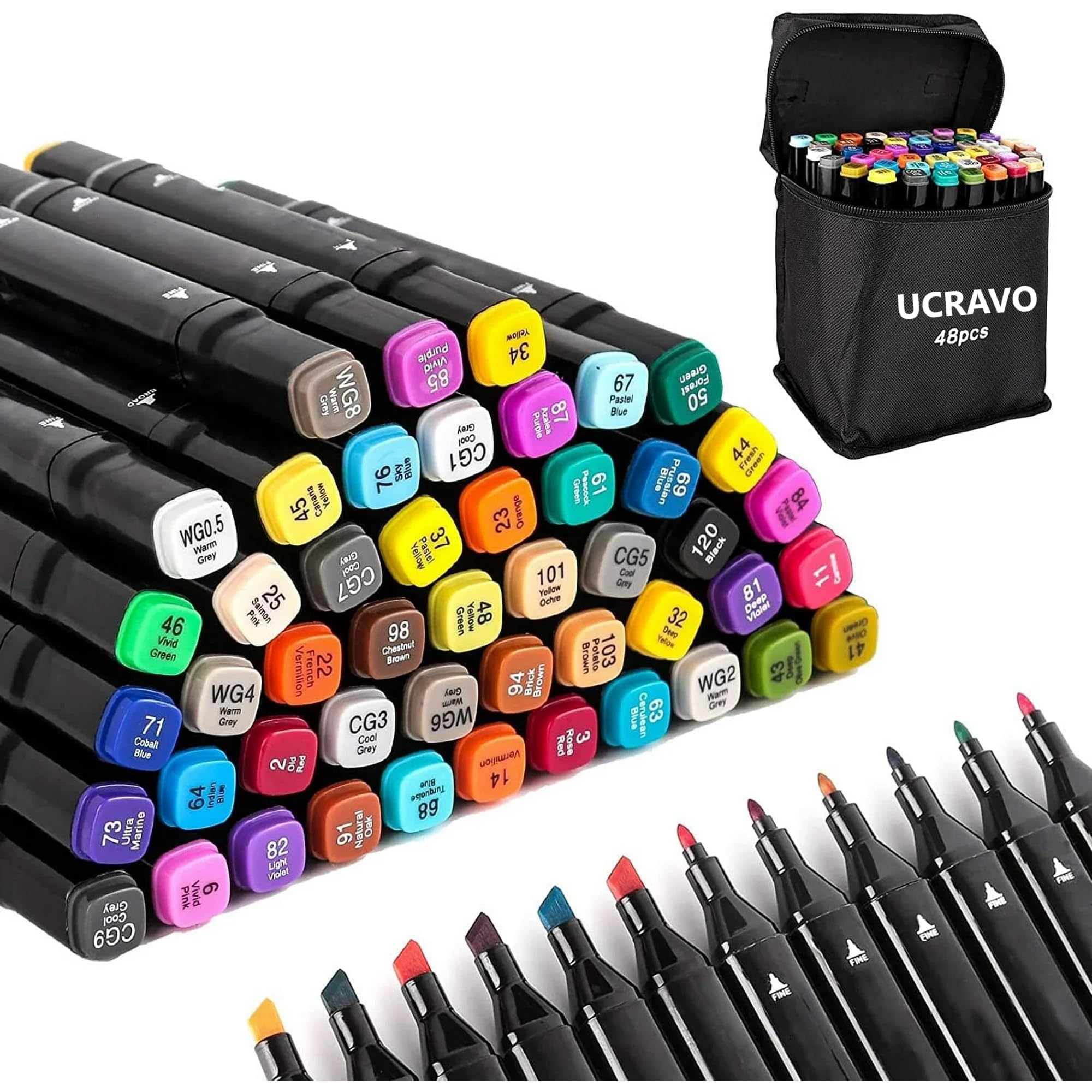UCRAVO 48 Colors Markers, Double Tip Blender Art Drawing Markers Set ...