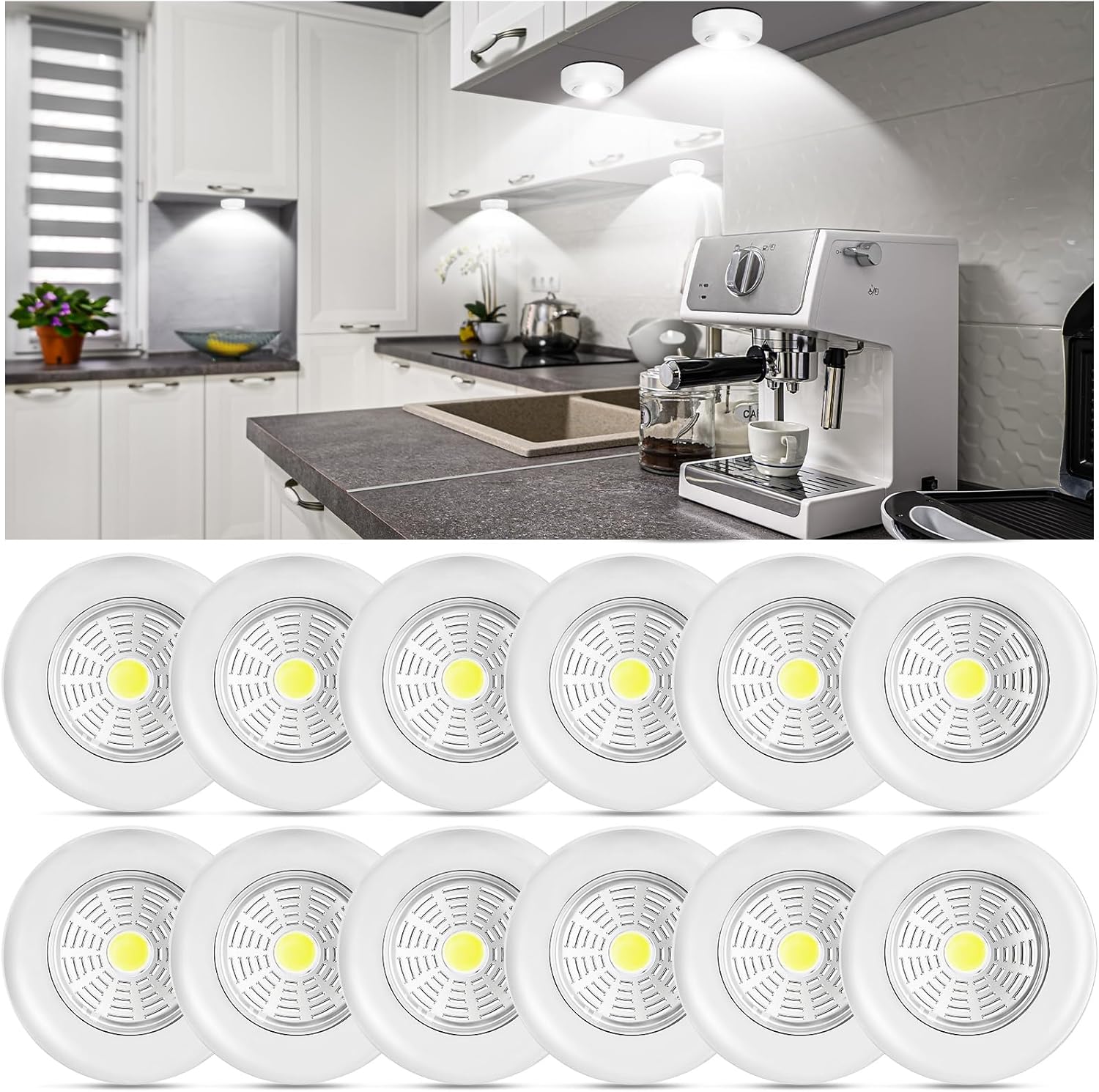 Macarrie 12 Pack Wireless LED Puck Lights, Under Cabinet Lighting, 70 ...