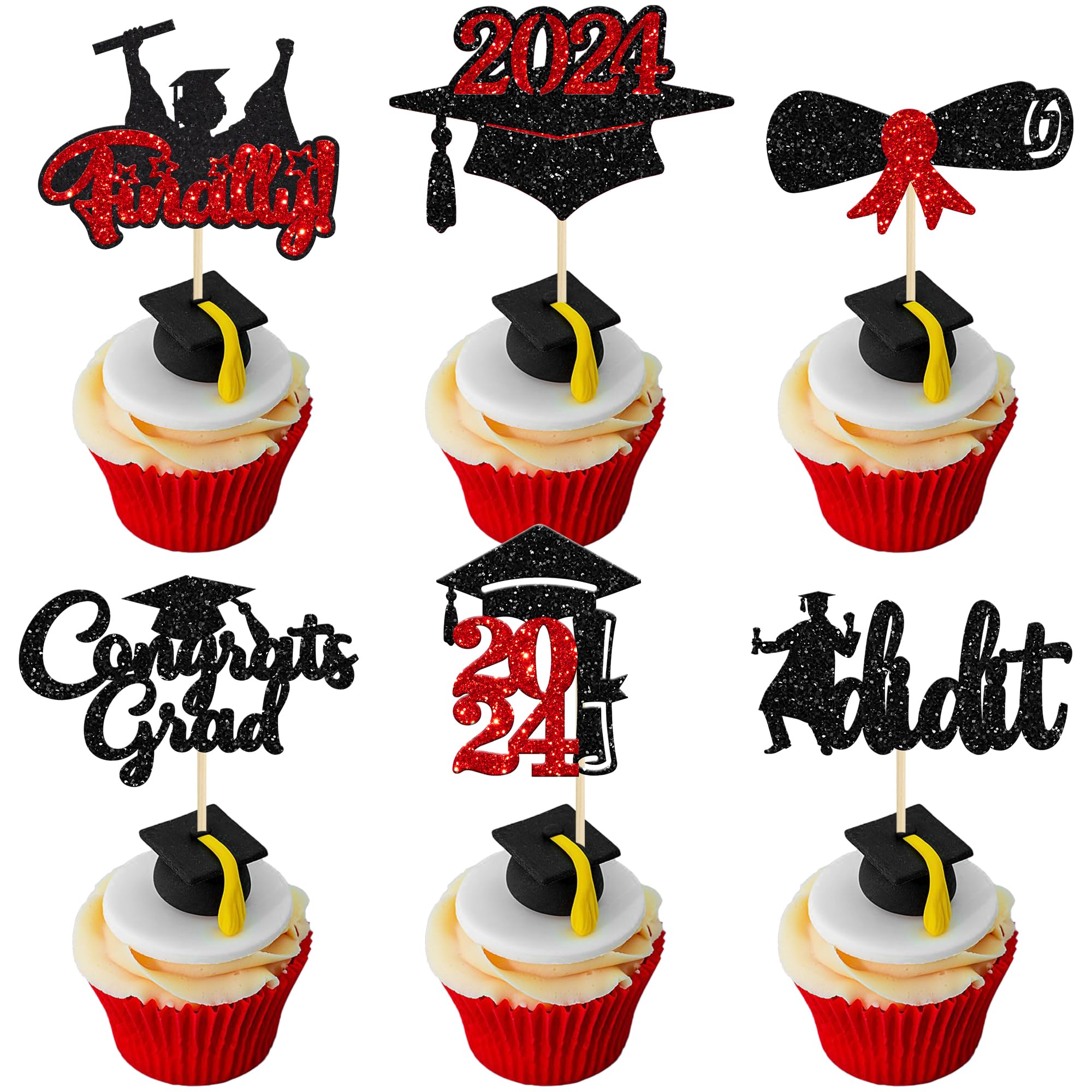 Amazon.com: Gyufise 24Pcs 2024 Graduation Cupcake Toppers Red Glitter ...