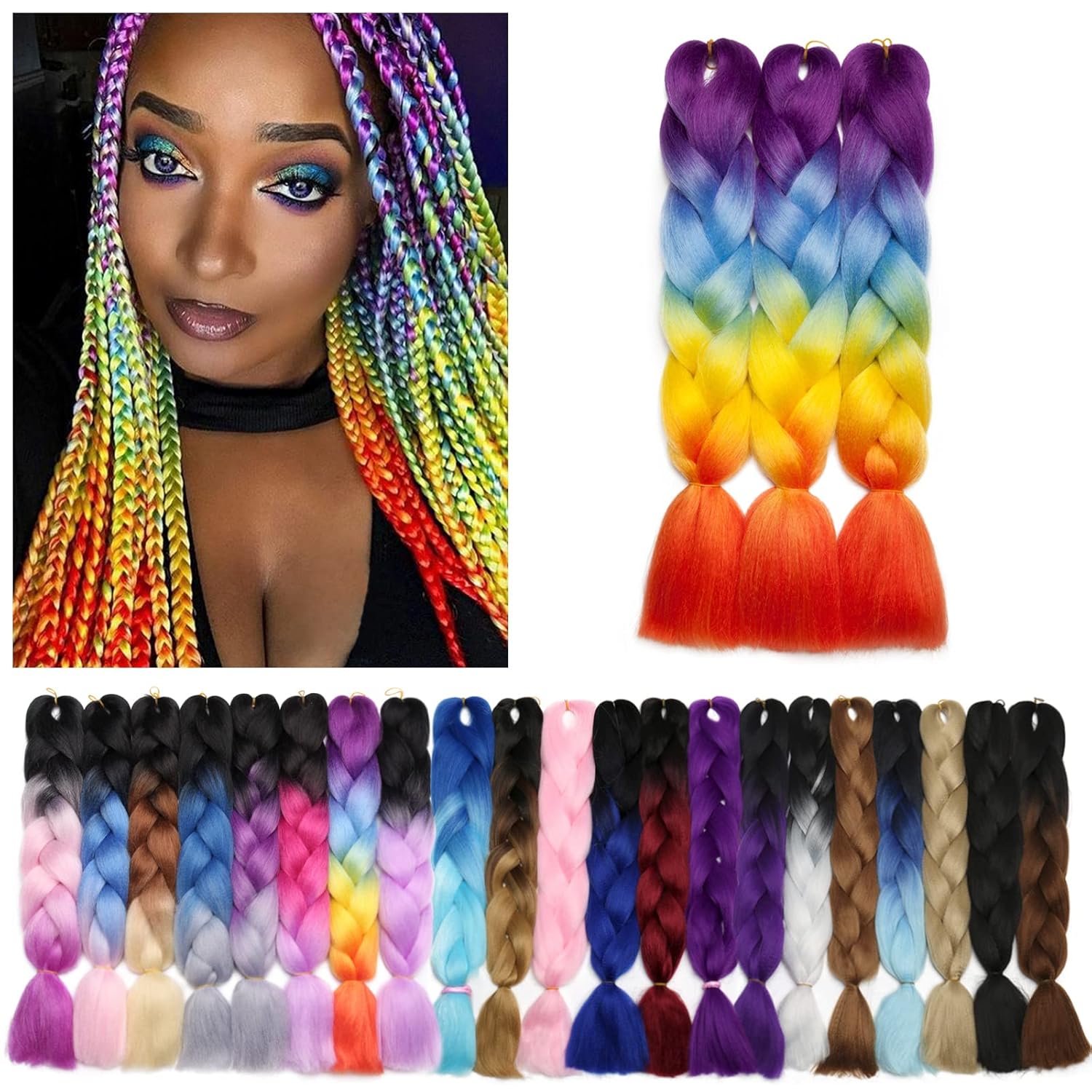 Amazon.com : Benehair Rainbow Braiding Hair 3 Bundles/lot 24inch Jumbo Braiding Hair Extensions ...