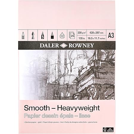 Daler Rowney Smooth 220 gsm A3 Heavyweight Drawing Paper Pad, Glued 1 ...