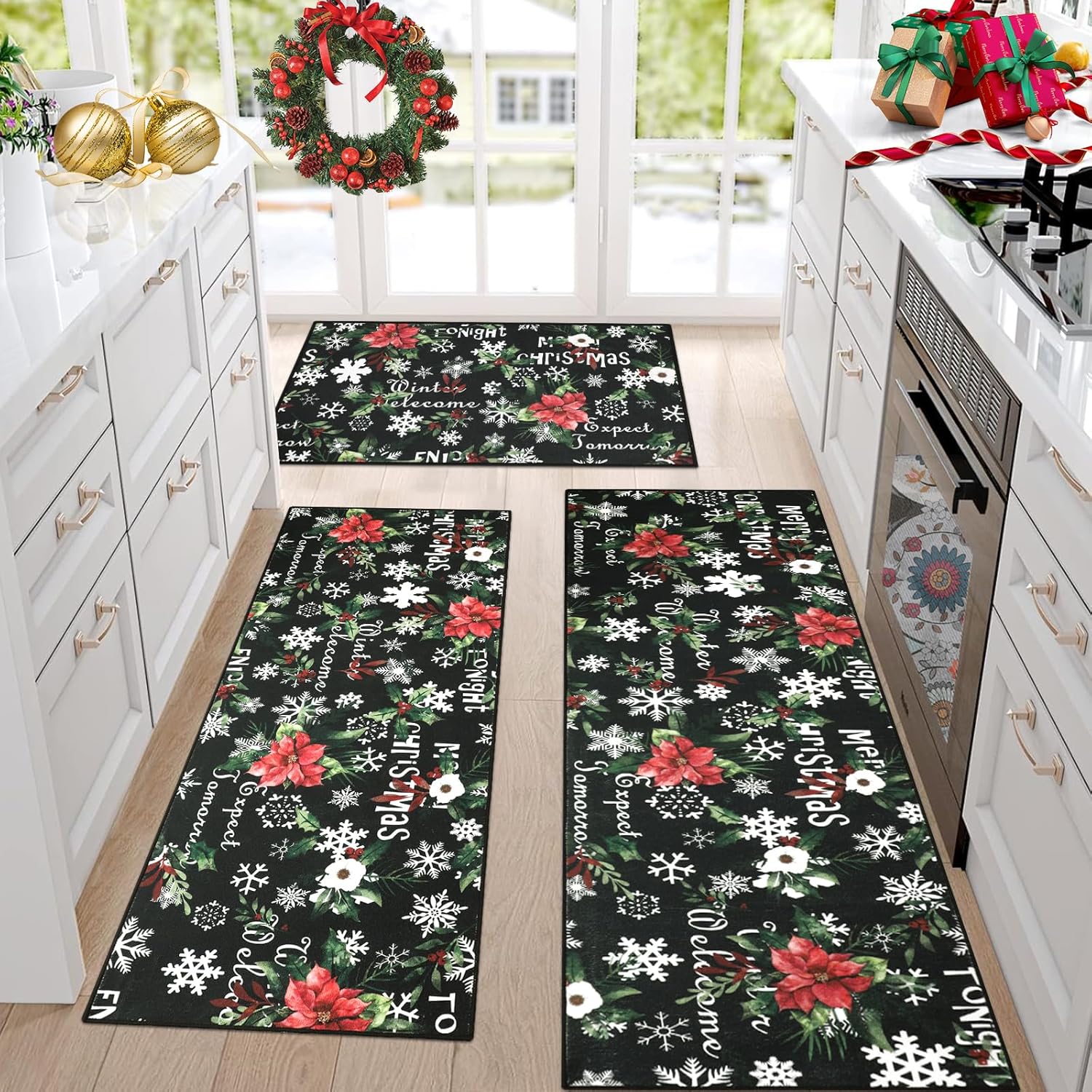 Amazon.com: Falflor Christmas Kitchen Rugs Set of 3, Christmas Floral ...