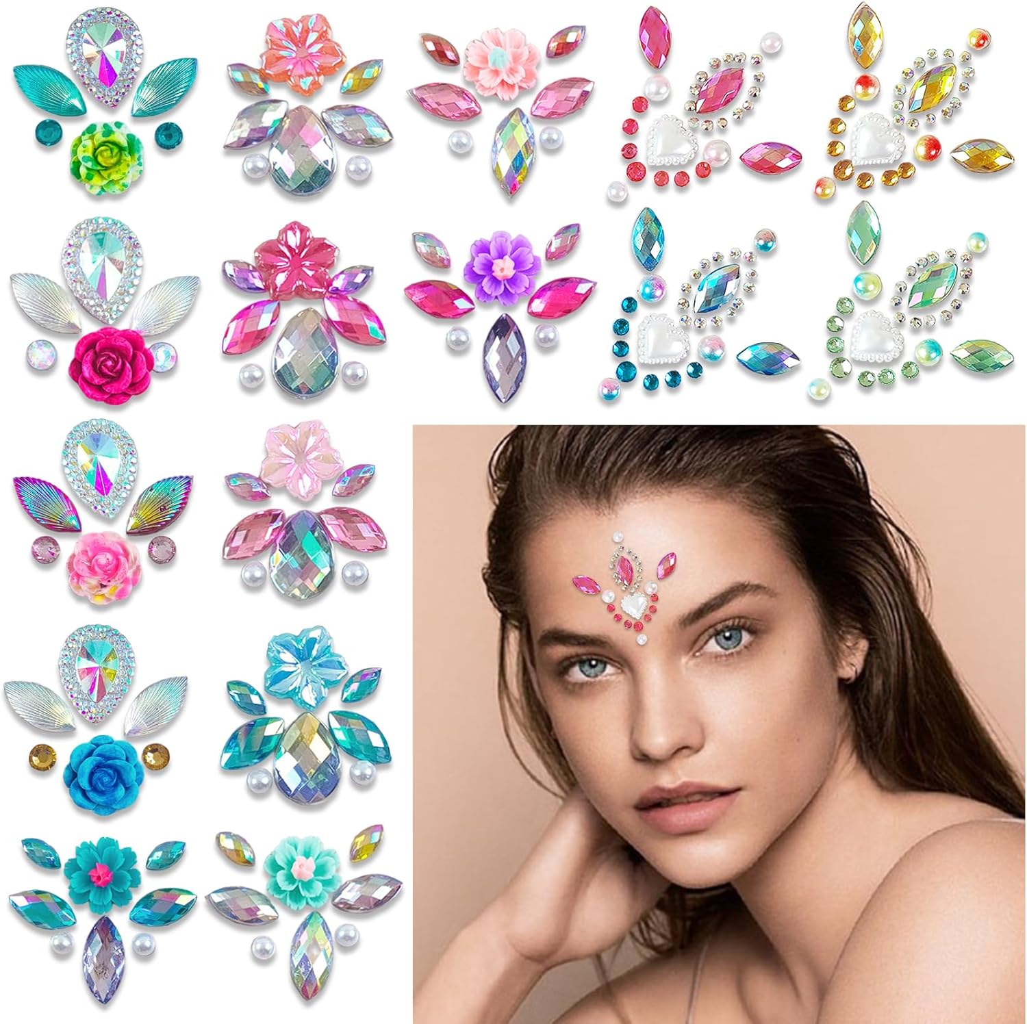 Amazon.com: 16Pcs Face Gems Stickers with Women Girls Diamond Forehead ...