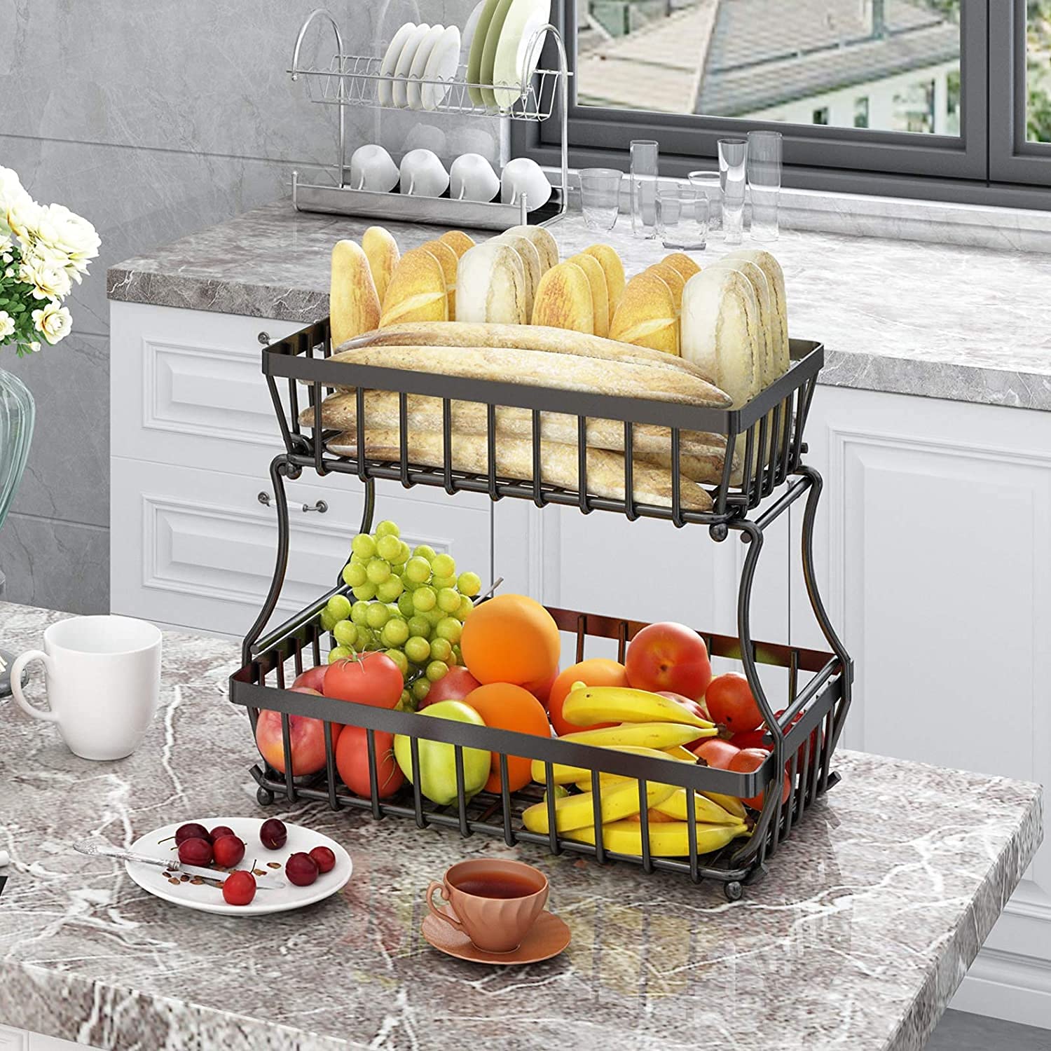 Fruit Bowl For Kitchen Counter IBERG 2 Tier Fruit Basket - Mesh Metal ...