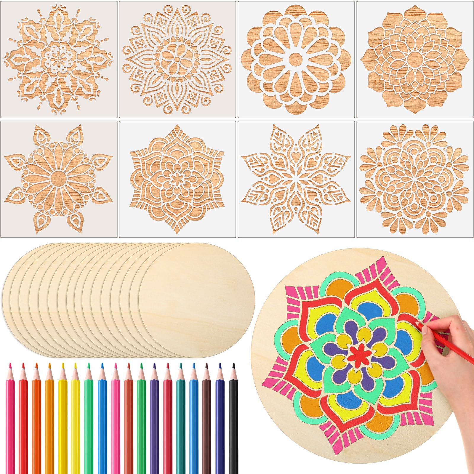 Amazon.com: Watersay 42 Pack 6 Inch Wood Mandala Painting Set 8 Plastic ...