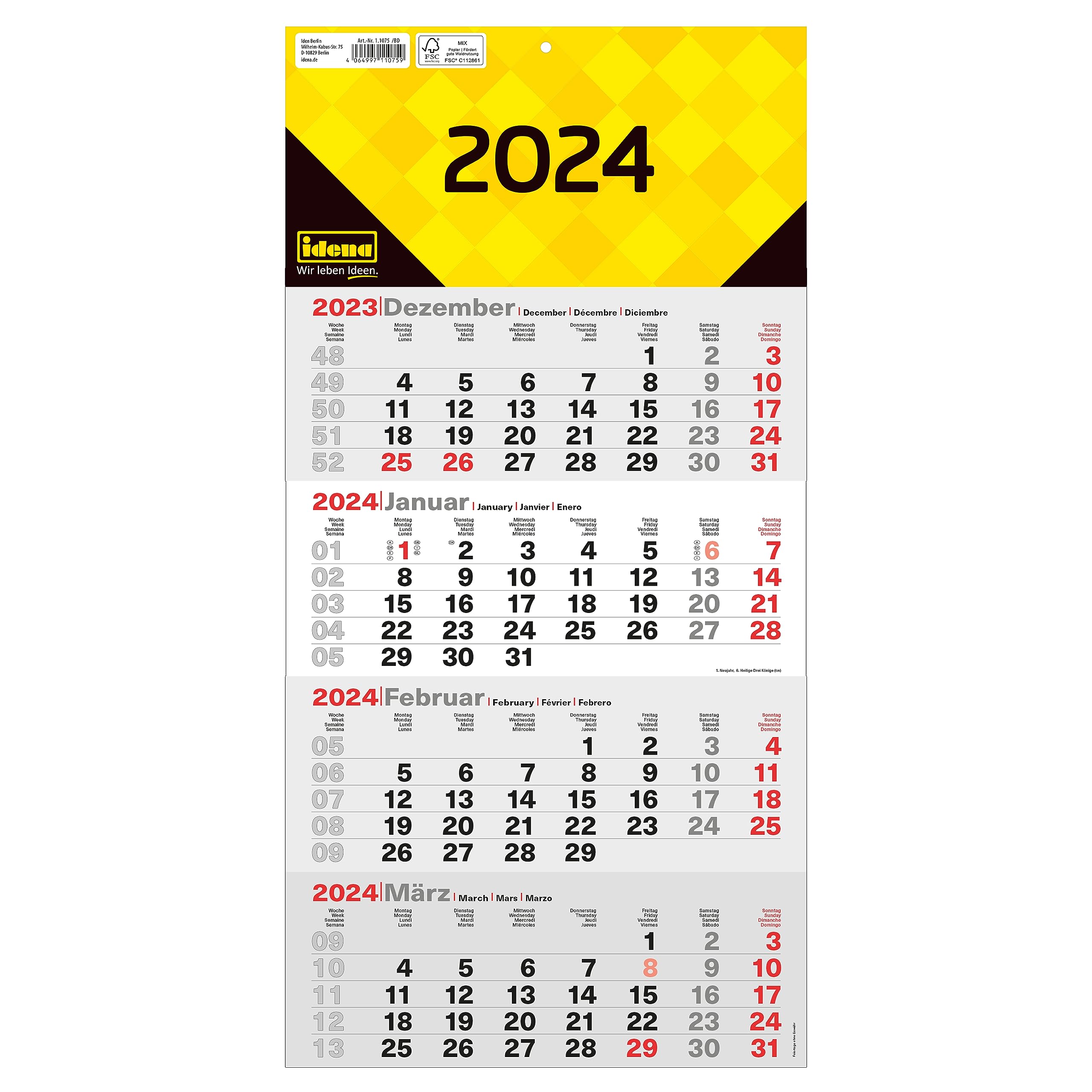 Idena 11075-4 Month Calendar 2024, Wall Calendar with Slider, 30 x 61 ...