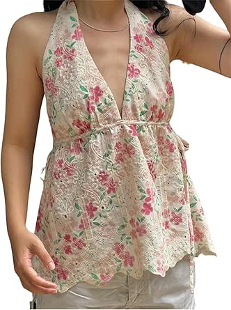 Amazon.com: Women Lace Floral Halter Tank Tops Deep V Neck Backless ...