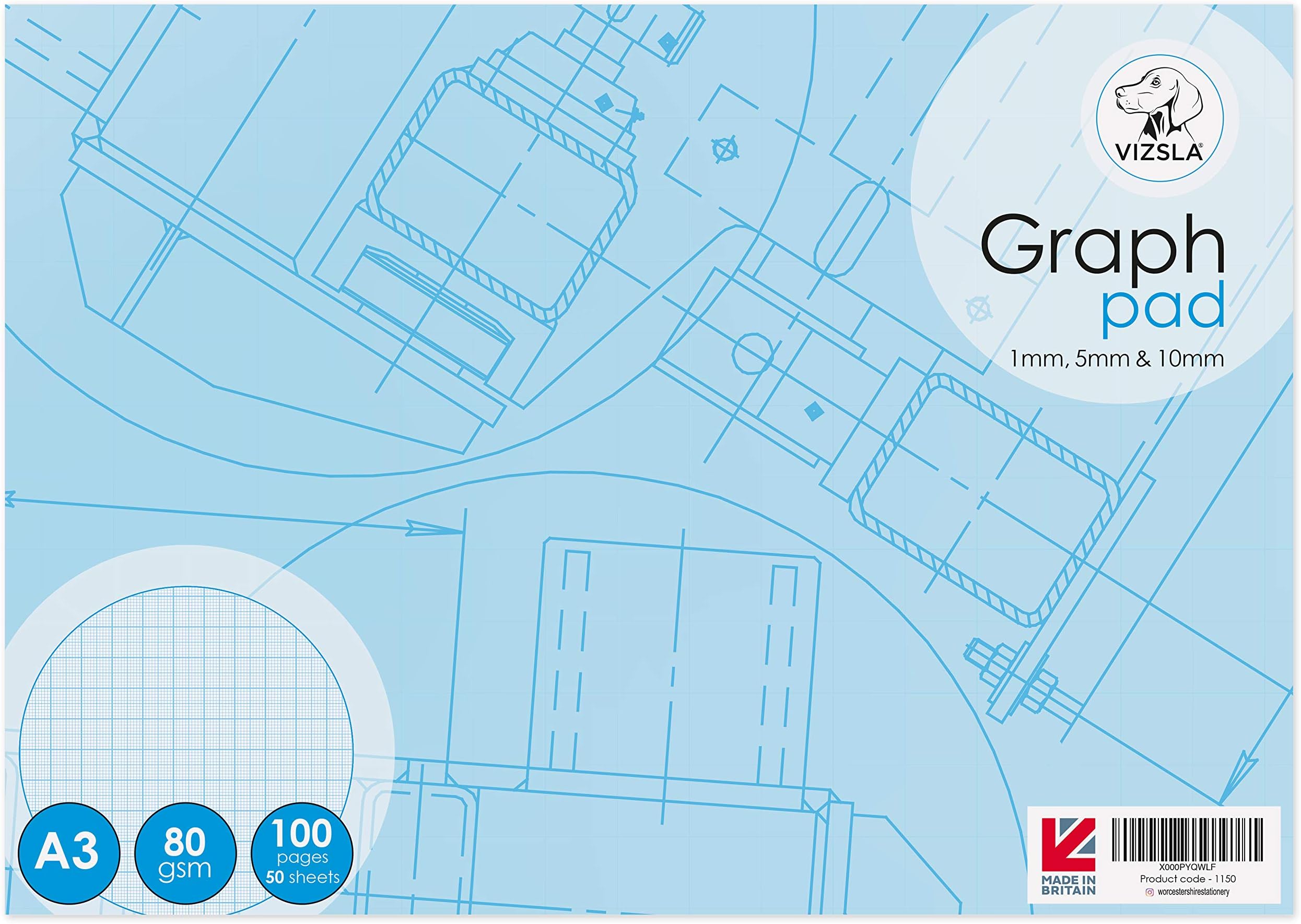 Vizsla, A3 Graph pad, 50 Sheets (100 Pages) 1mm, 5mm, 10mm Graph Paper ...