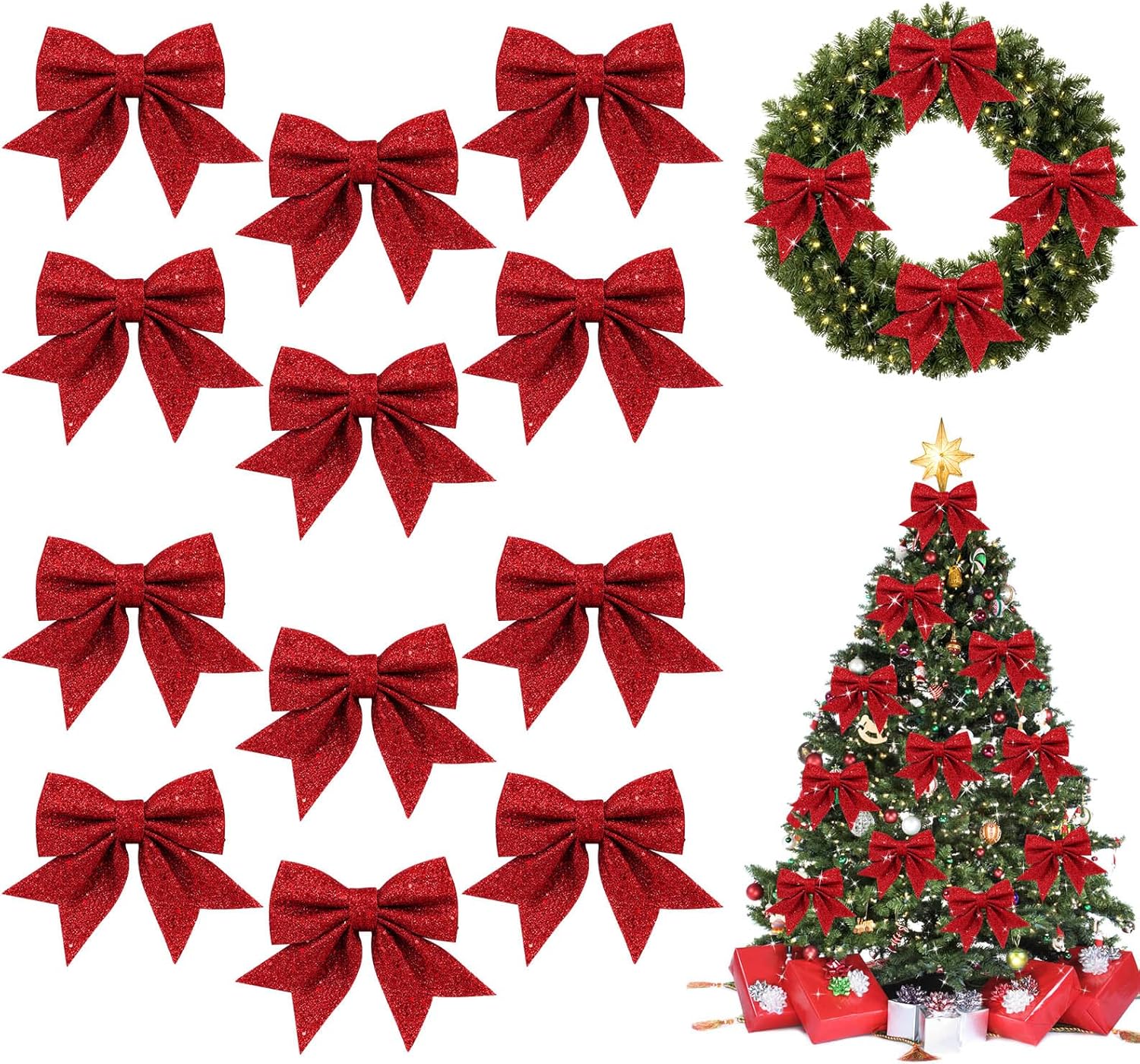 MOTONG 12 PCS Red Glitter Christmas Bows, 5.9 inch Small Christmas Bows ...