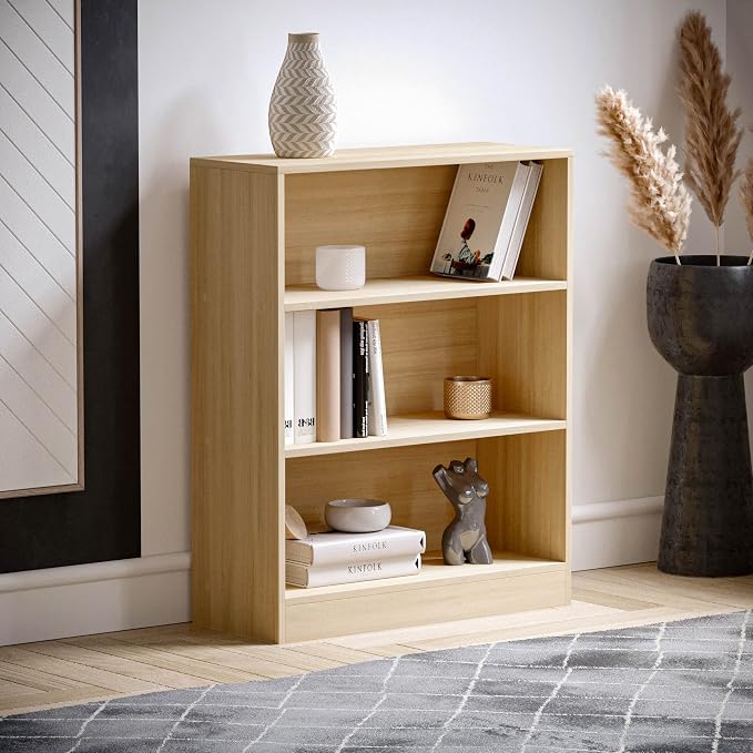 Vida Designs Cambridge 3 Tier Low Bookcase, Oak Wooden Shelving Display ...