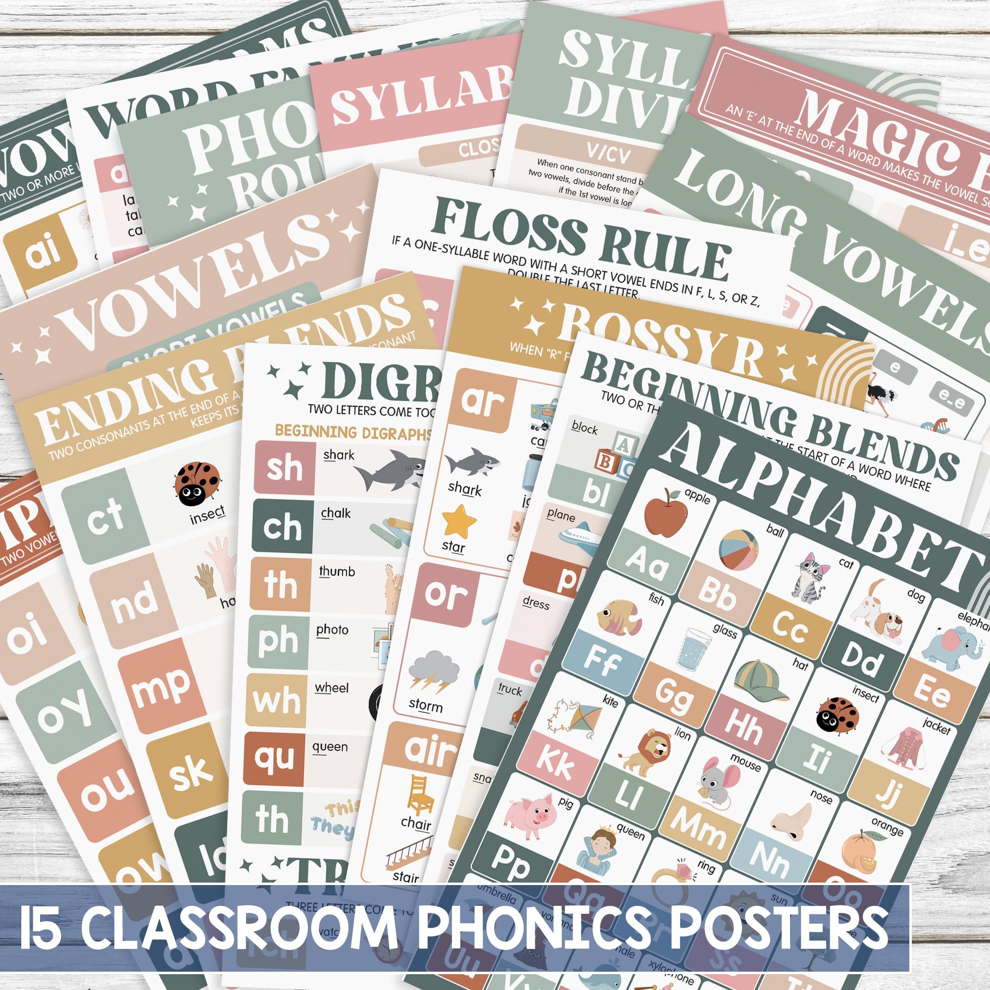 Snapklik.com : BEAWART 15 Pcs Boho Phonics Posters For Classroom