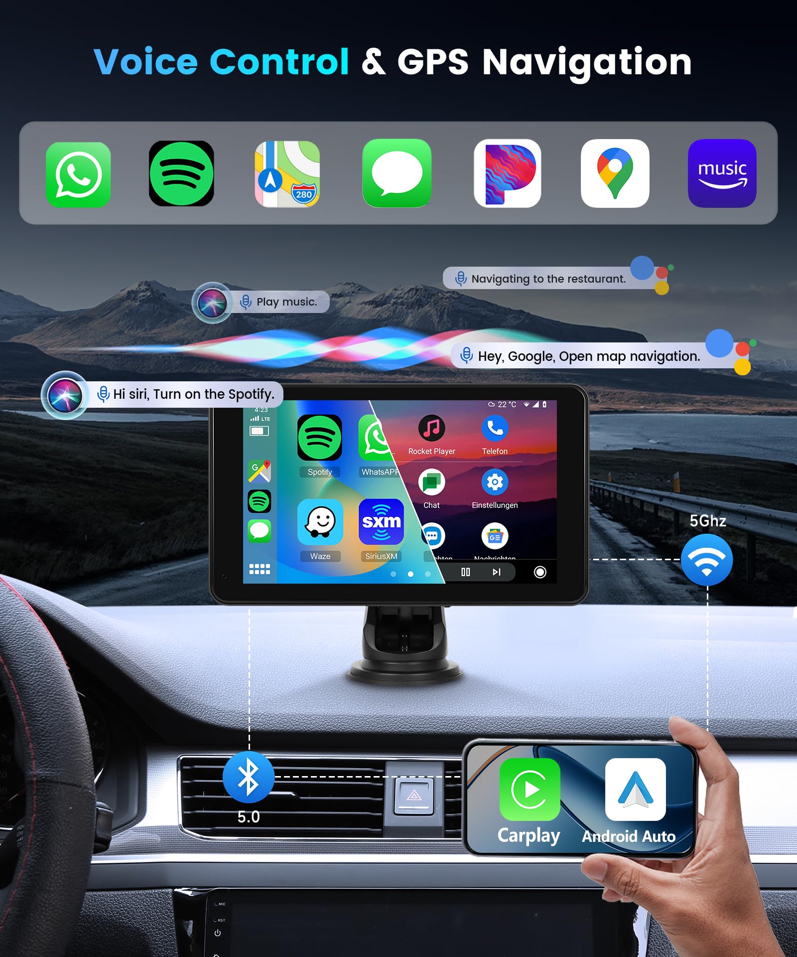 Podofo Portable A-pple Carplay Screen for Car, 7 inch Wireless Carplay ...