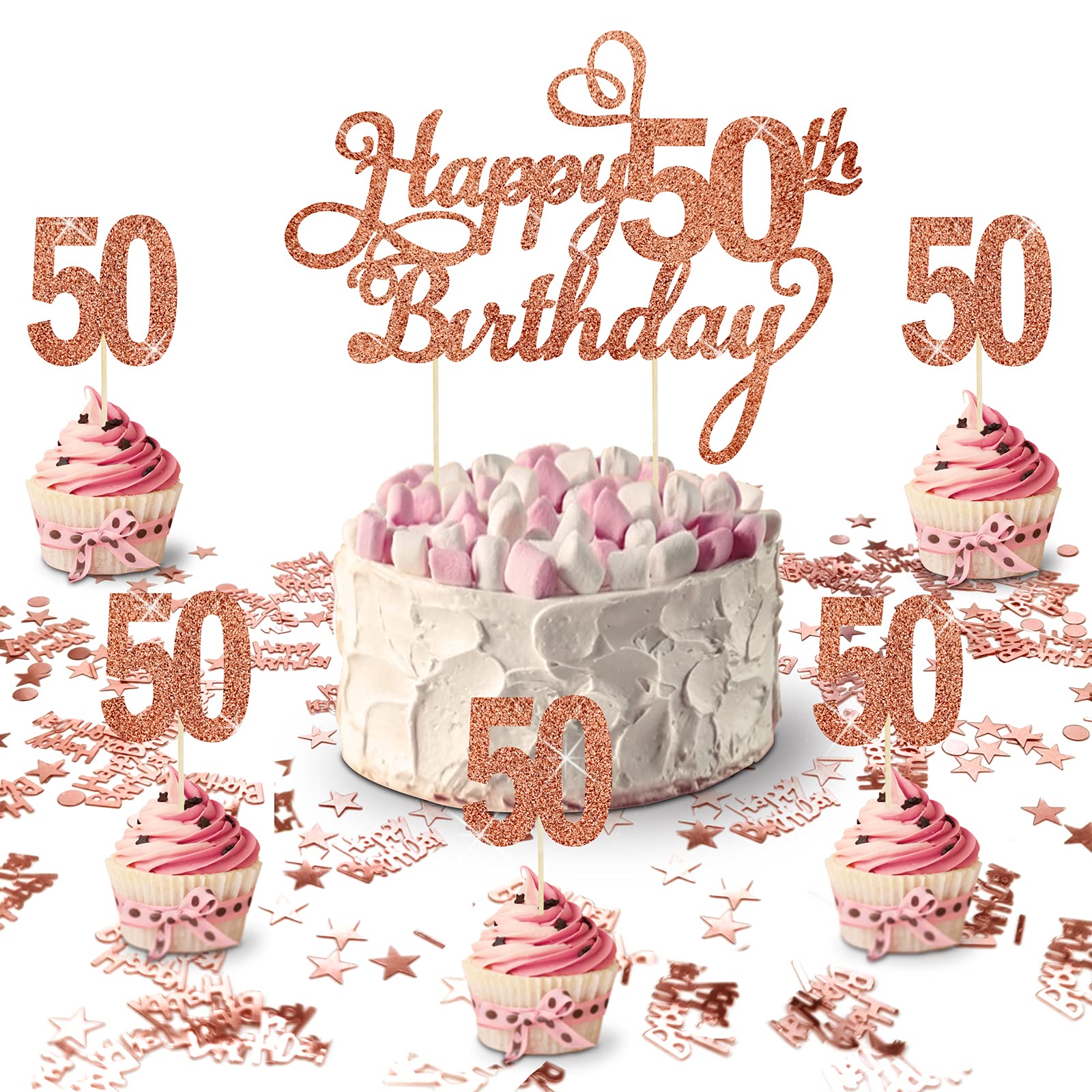 Buy 1+12 Pack 50th Birthday Party Cake Toppers For Women, Rose Gold ...