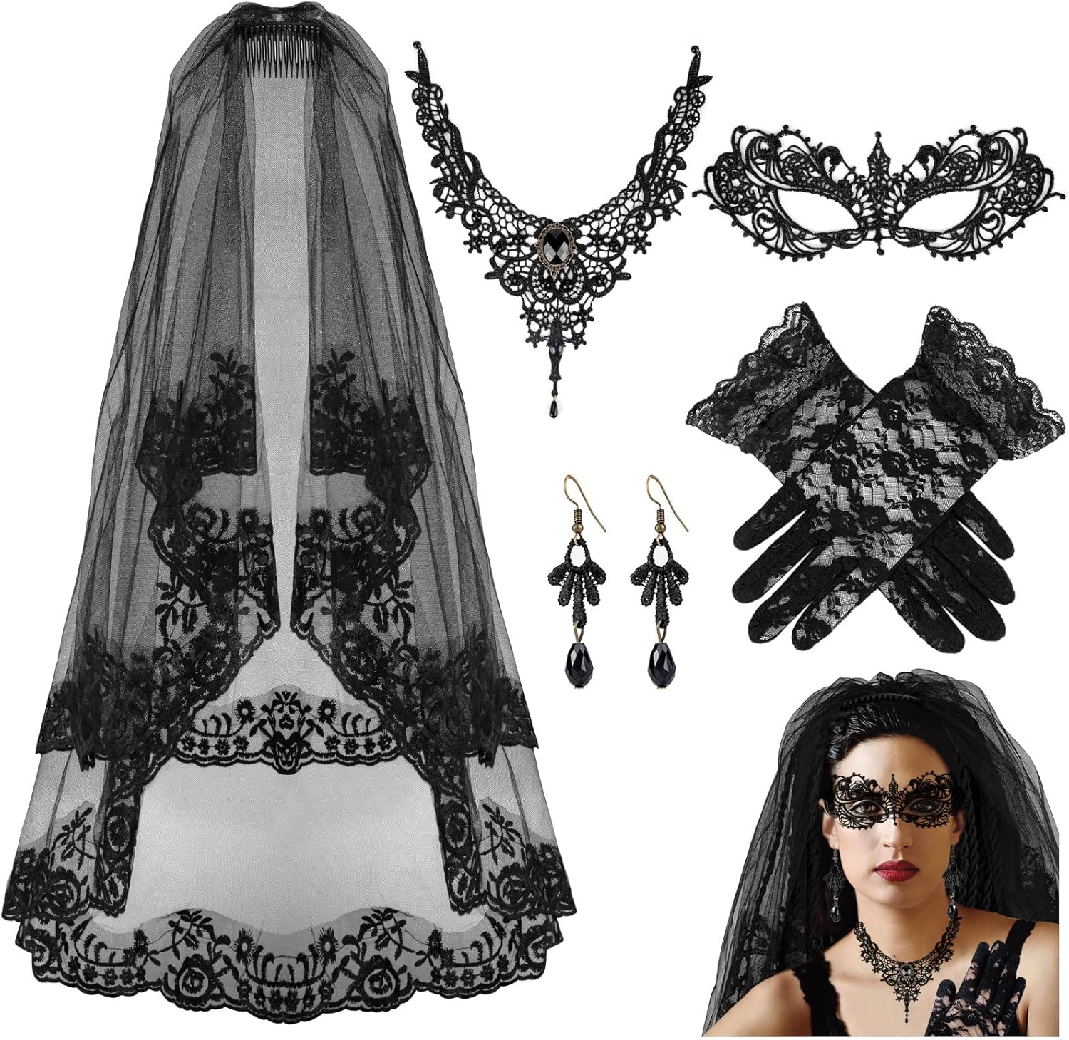 Amazon.com: HFYHWT Day of the Dead Costume, Black Lace Veil Costumes ...