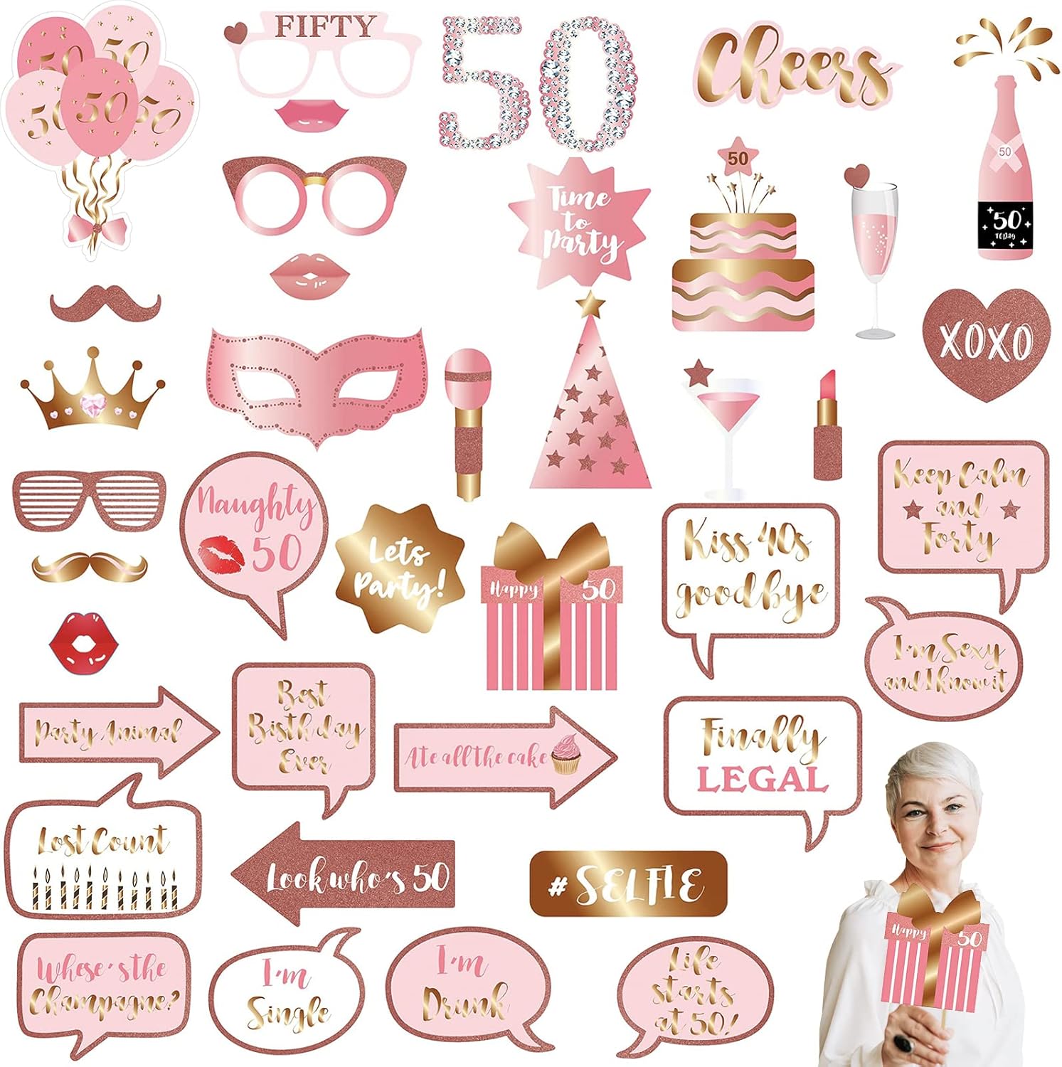 50th Birthday Photo Booth Props Kit,38PCS Rose Gold Photobooth Props ...