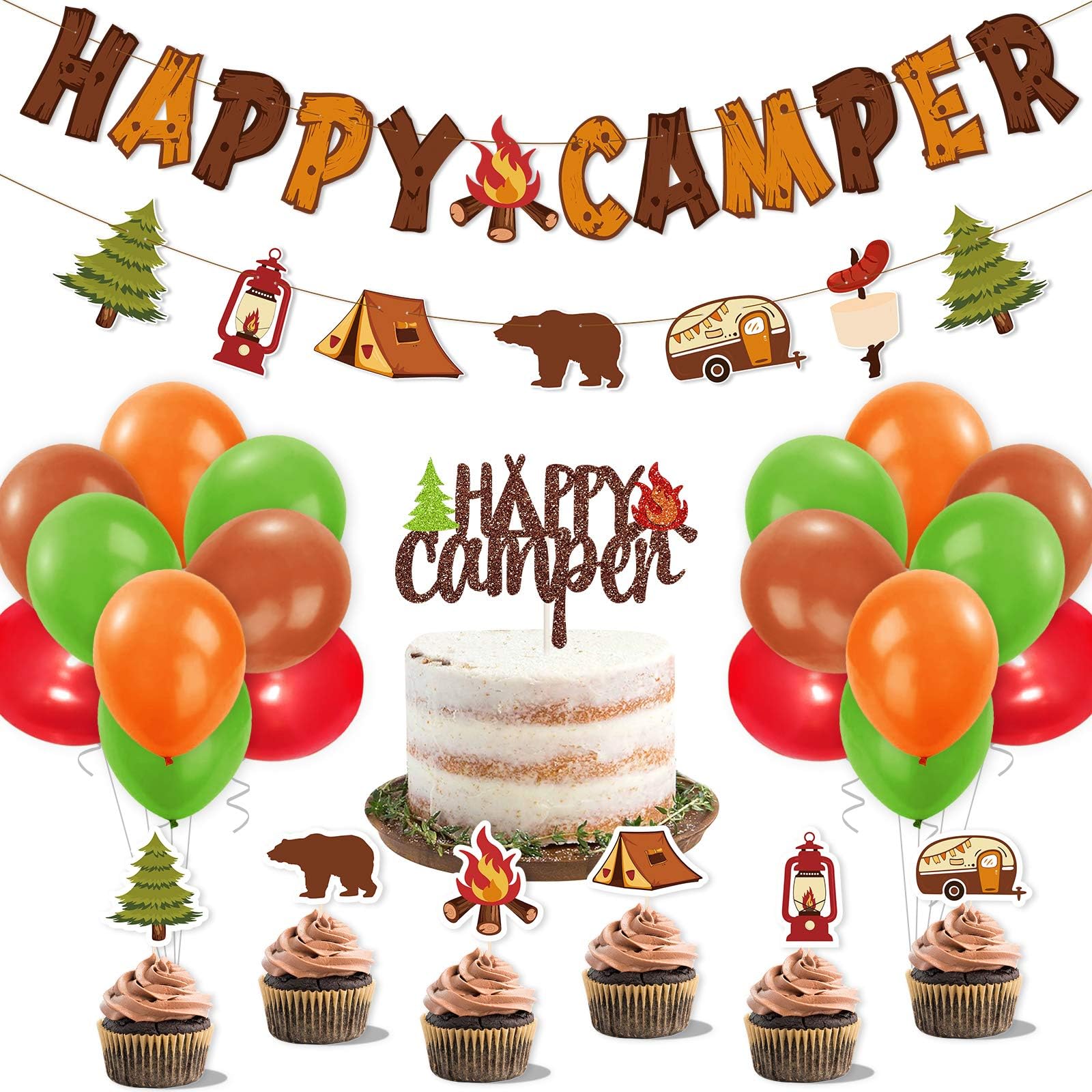 Snapklik.com : Happy Camper Party Decoration Kit Banner Cake Topper ...