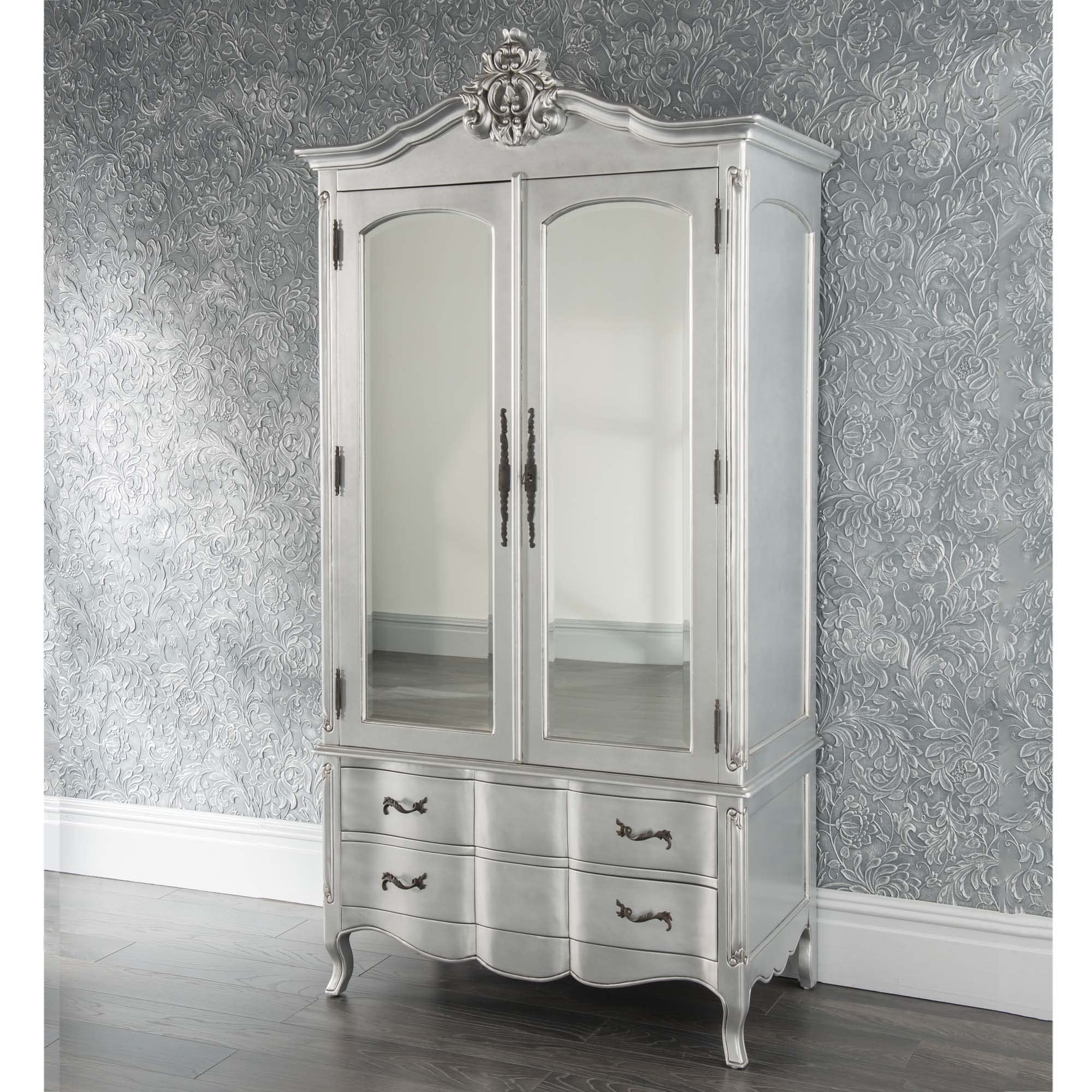 Homesdirect365 Estelle Silver Antique French Style Wardrobe | Mirrored ...