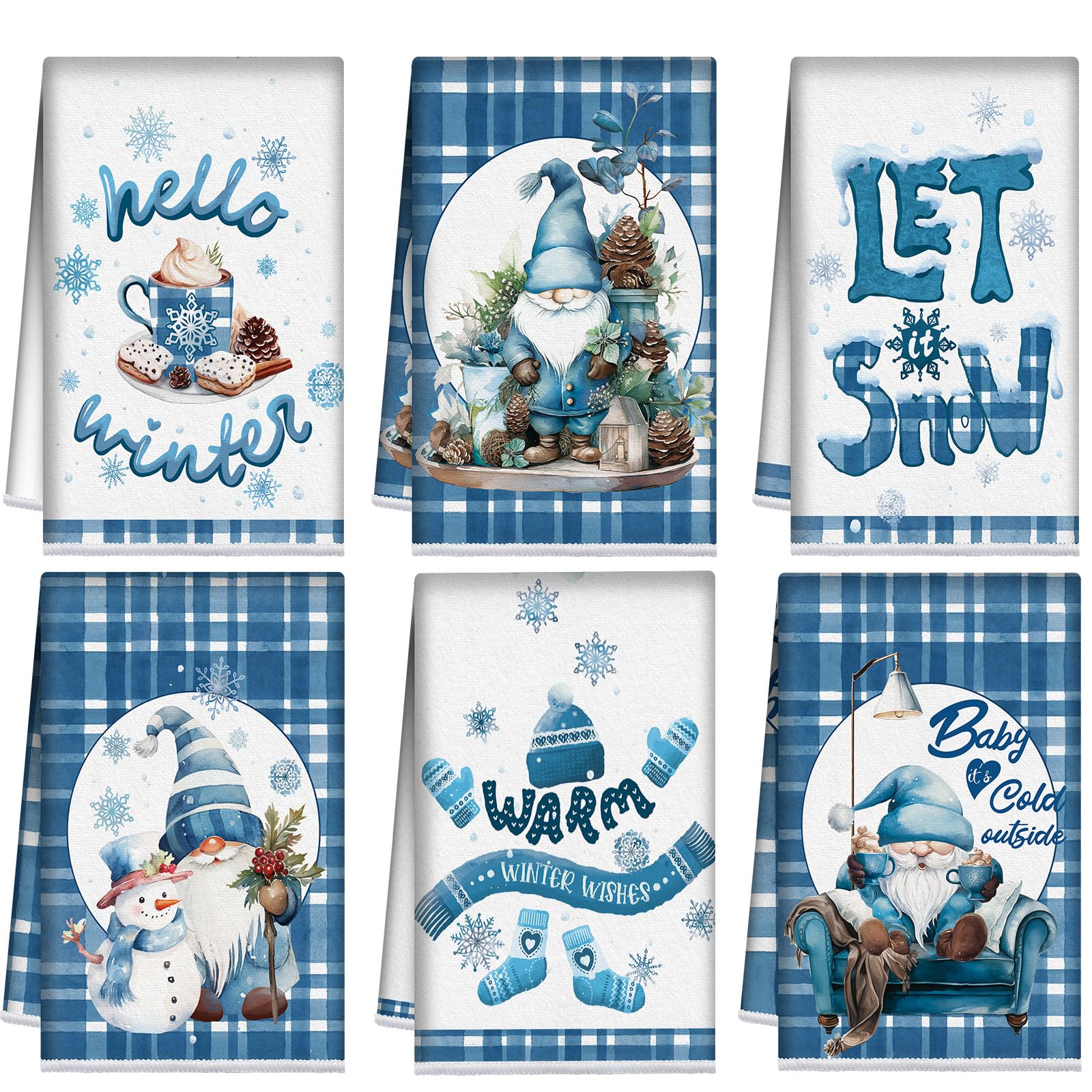 Amazon.com: Hosuly 6 Pcs Winter Kitchen Towels Hello Winter Blue Plaid ...