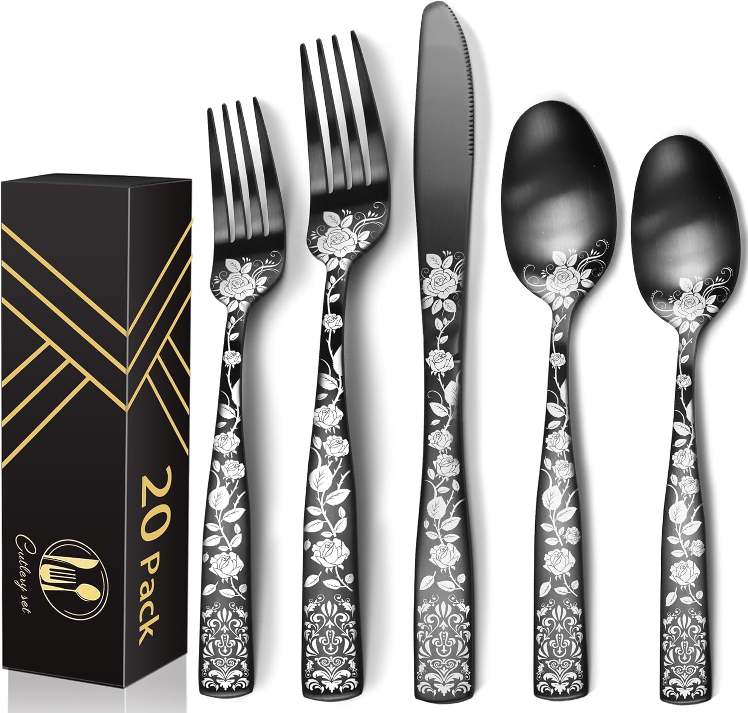 Amazon.com | IFERRENS Modern Black Silverware Set, Floral 20-Piece Rose ...