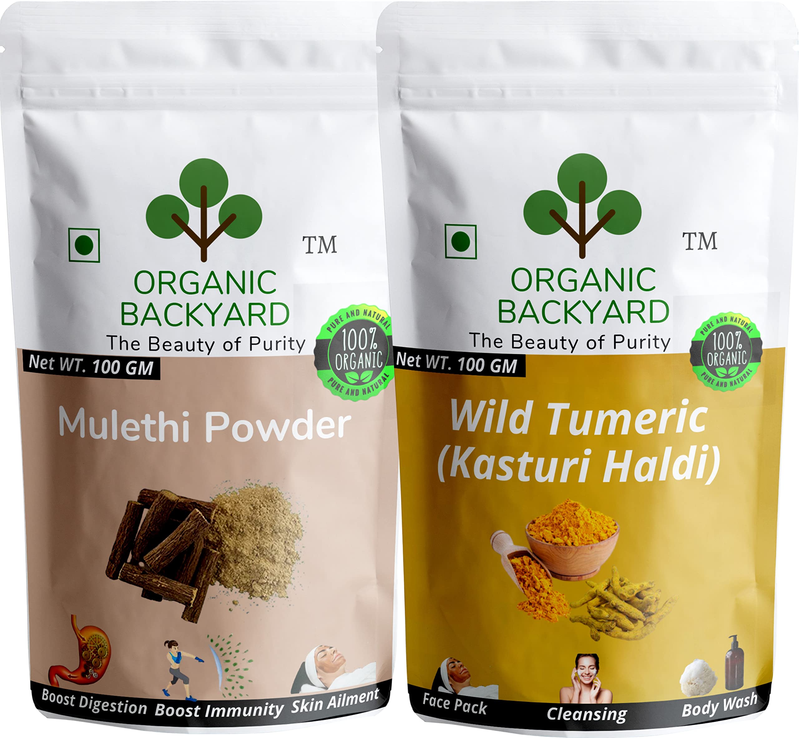 Organic Backyard's Herbal Glow Duo: 100g Each Mulethi and Wild Turmeric Kasturi Haldi Powder ...