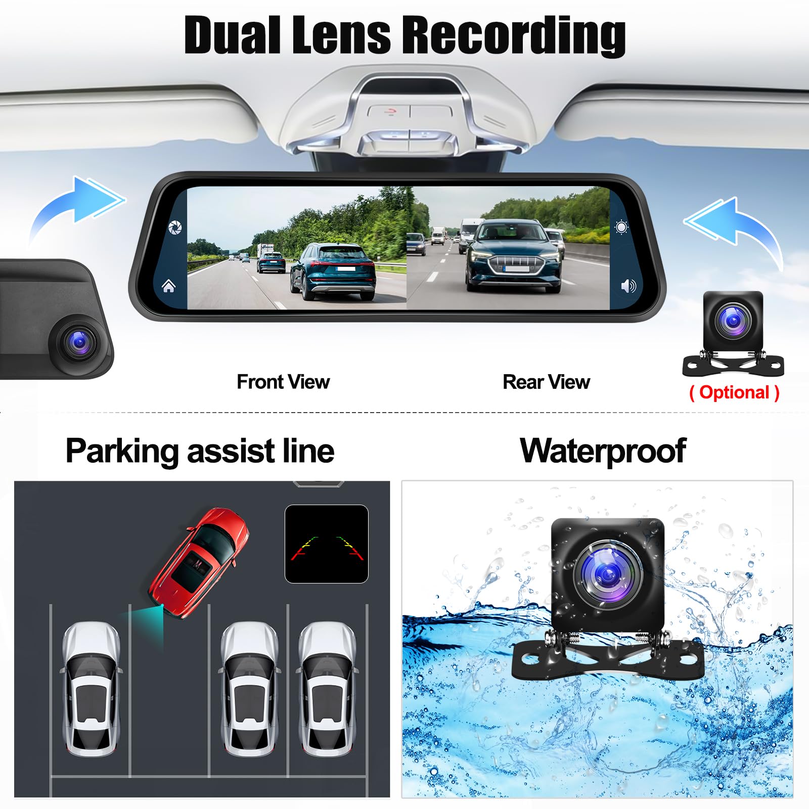 12 Inch Dash Cam Rearview Mirror Camera CarPlay Android Auto ADAS Car...