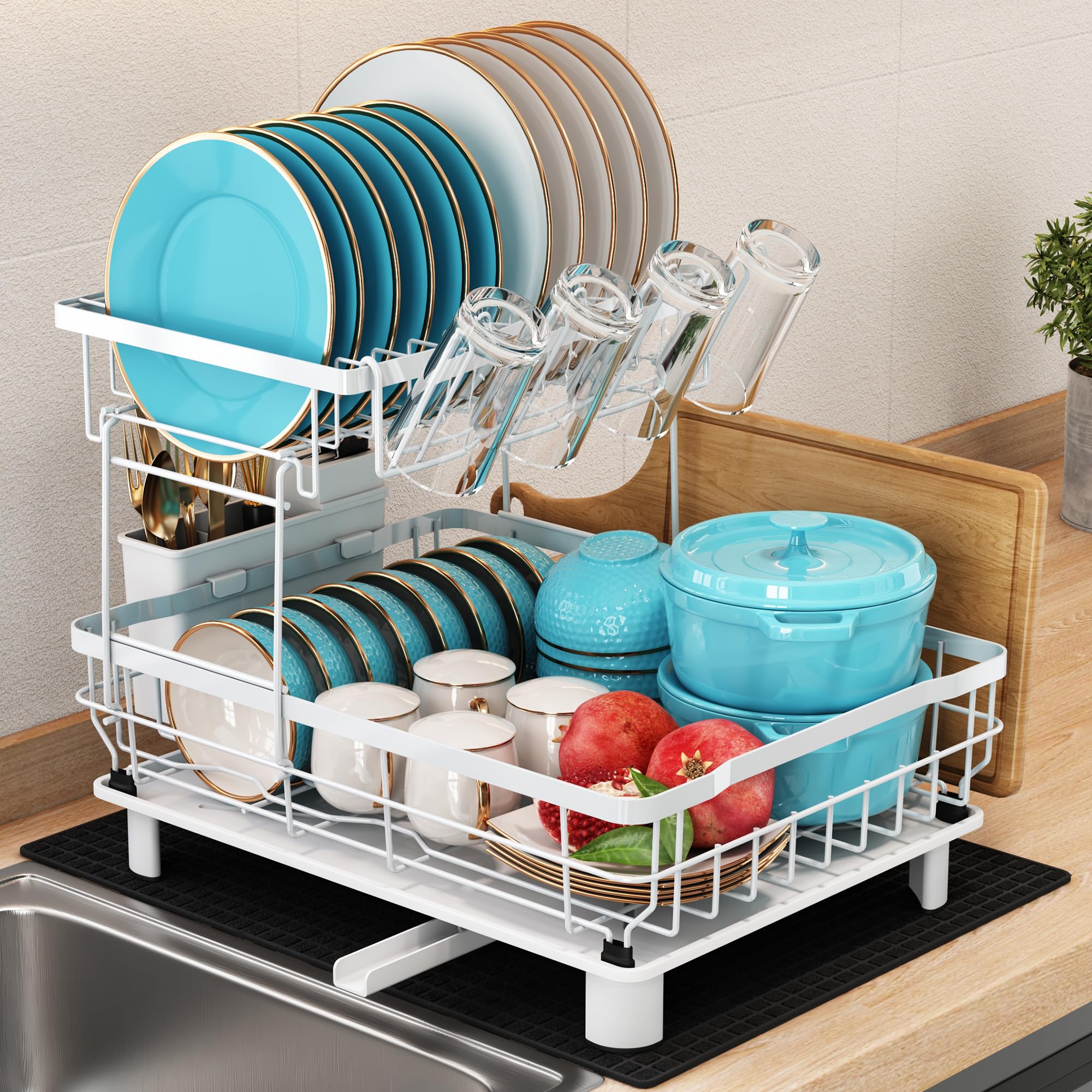 MAJALiS Dish Drying Rack, 2 Tier Dish Drainer Rack with Drip Tray and ...